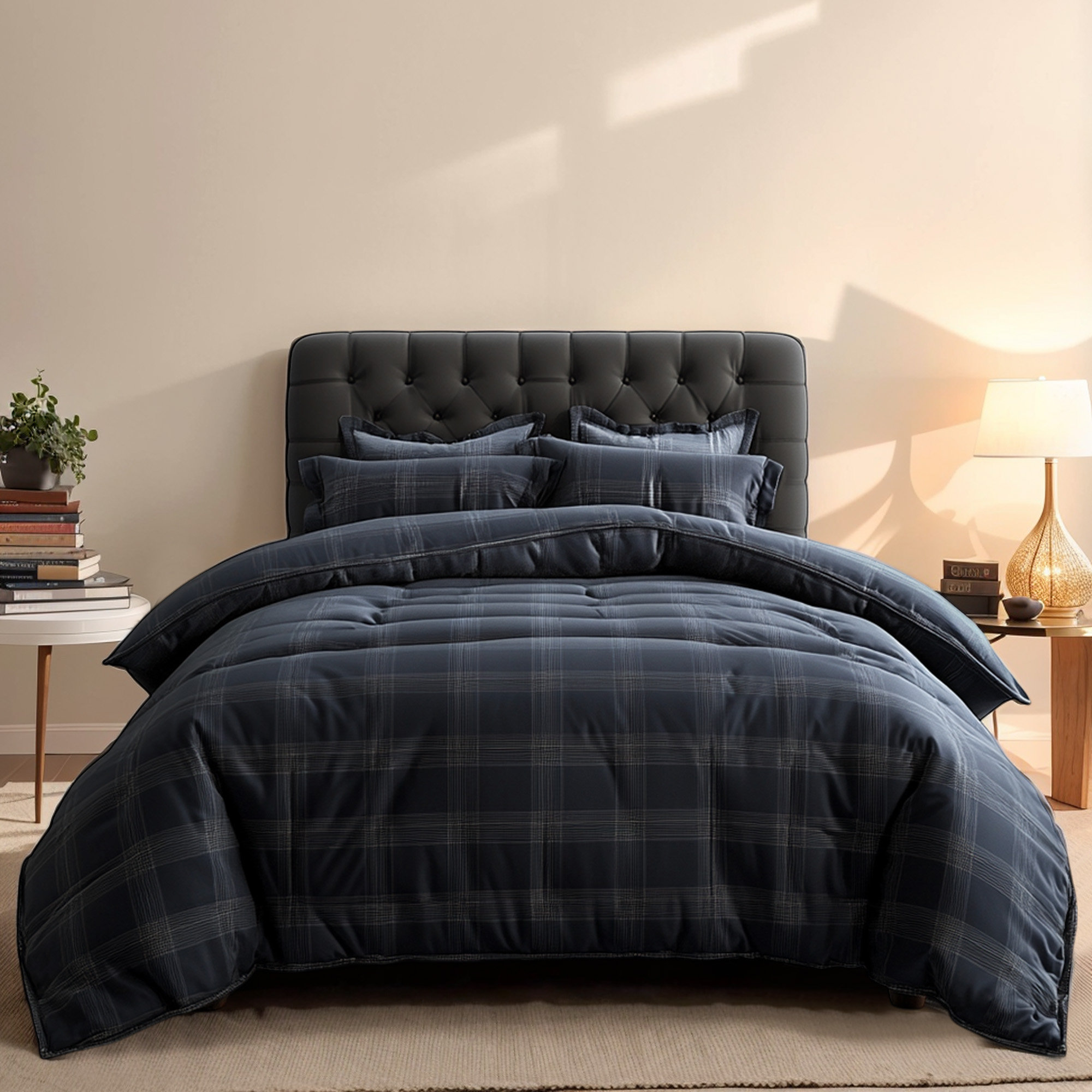 Gracie Oaks Modern Deep Blue Plaid Comforter | Wayfair