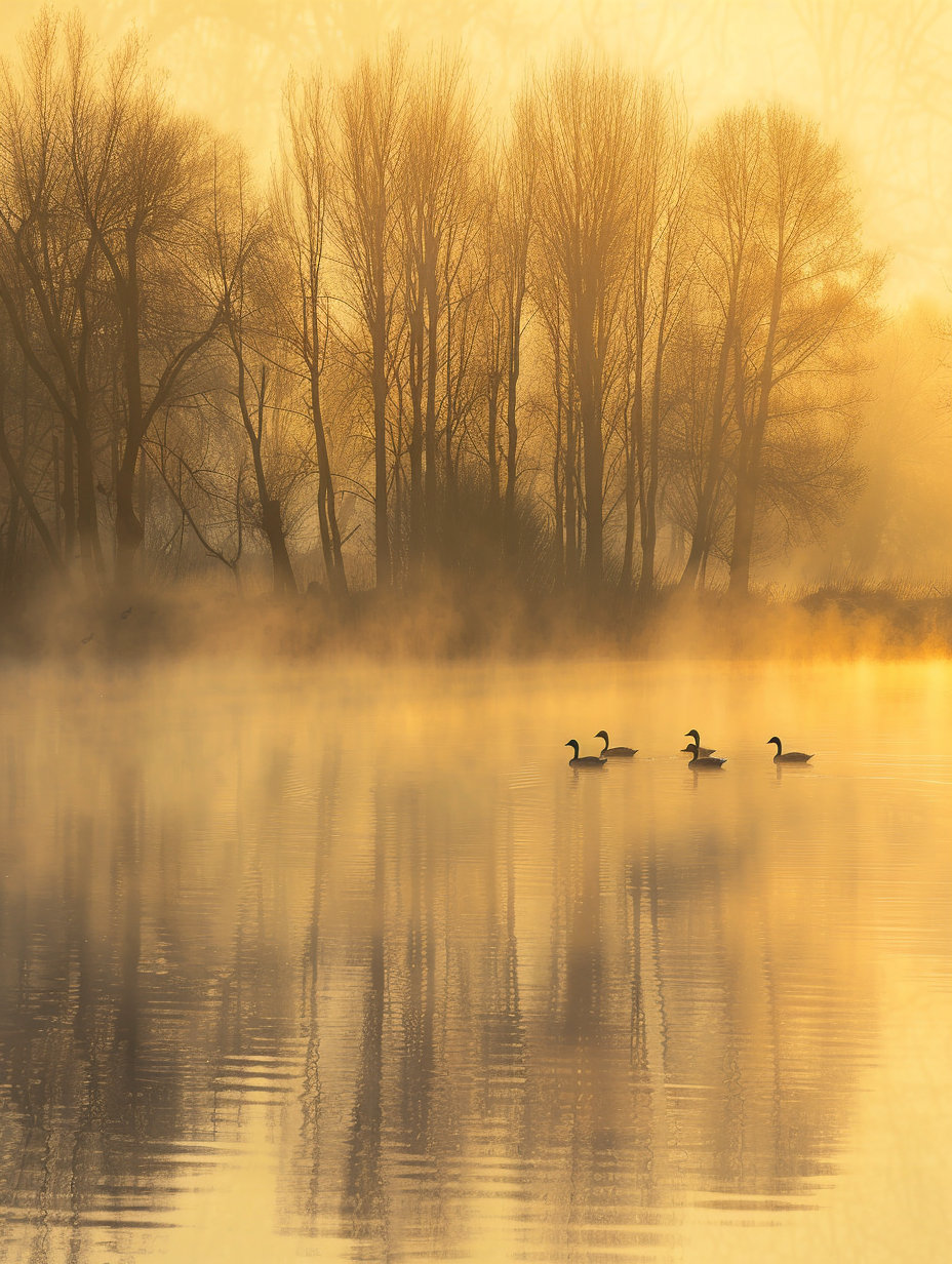 Millwood Pines Morning Mist on the Lake: Duck Flock by the Foggy Dead ...