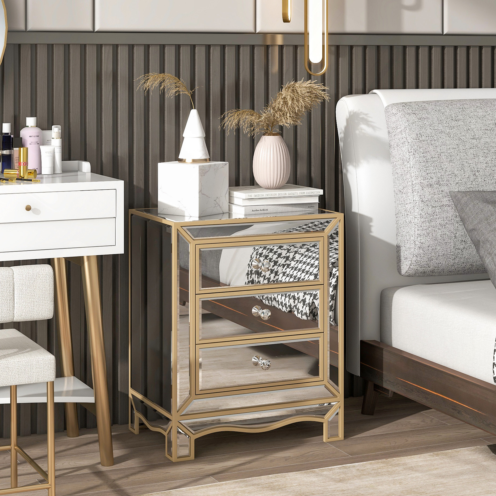 Latitude Run® Drawer Dresser, Champagne Mirror 3 Drawer Cabinet ...