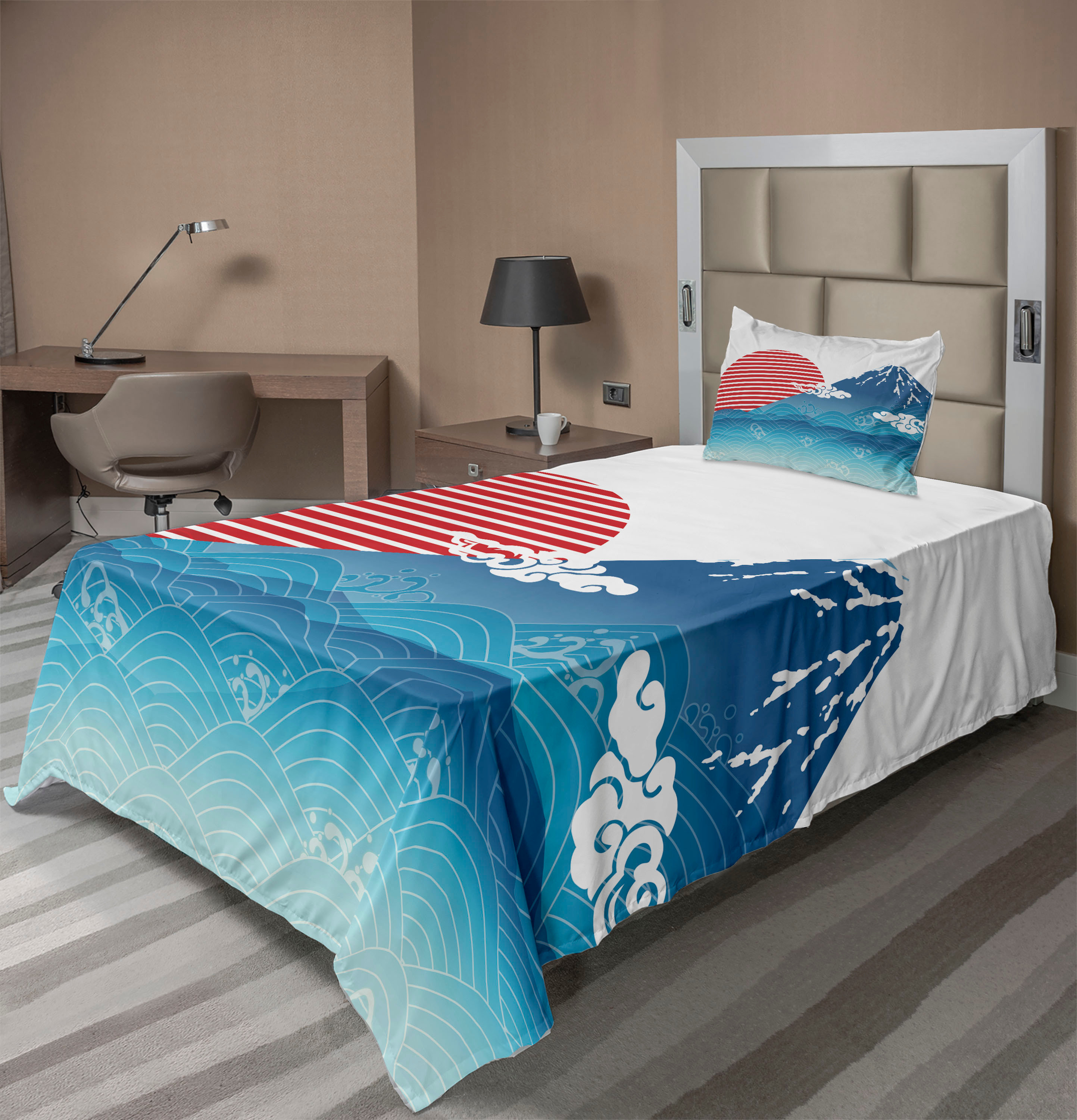 Ambesonne Japan Sheet Set Mount Fuji Red Sun Clouds Art Scarlet and ...