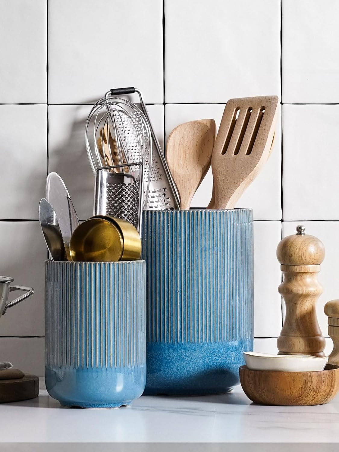 Brayden Studio® Utensil Holder, 7.3"+5.4" Ceramic Kitchen Utensil ...