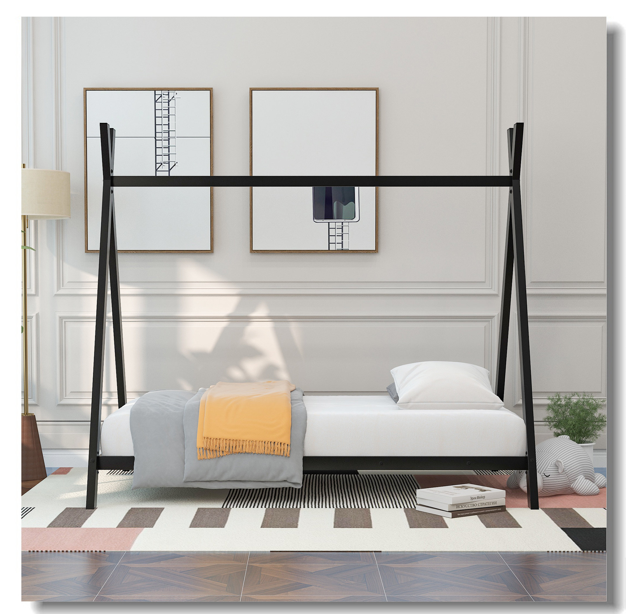 Grovelane House Bed Tent Bed Frame Twin Size Metal Floor Play House Bed ...