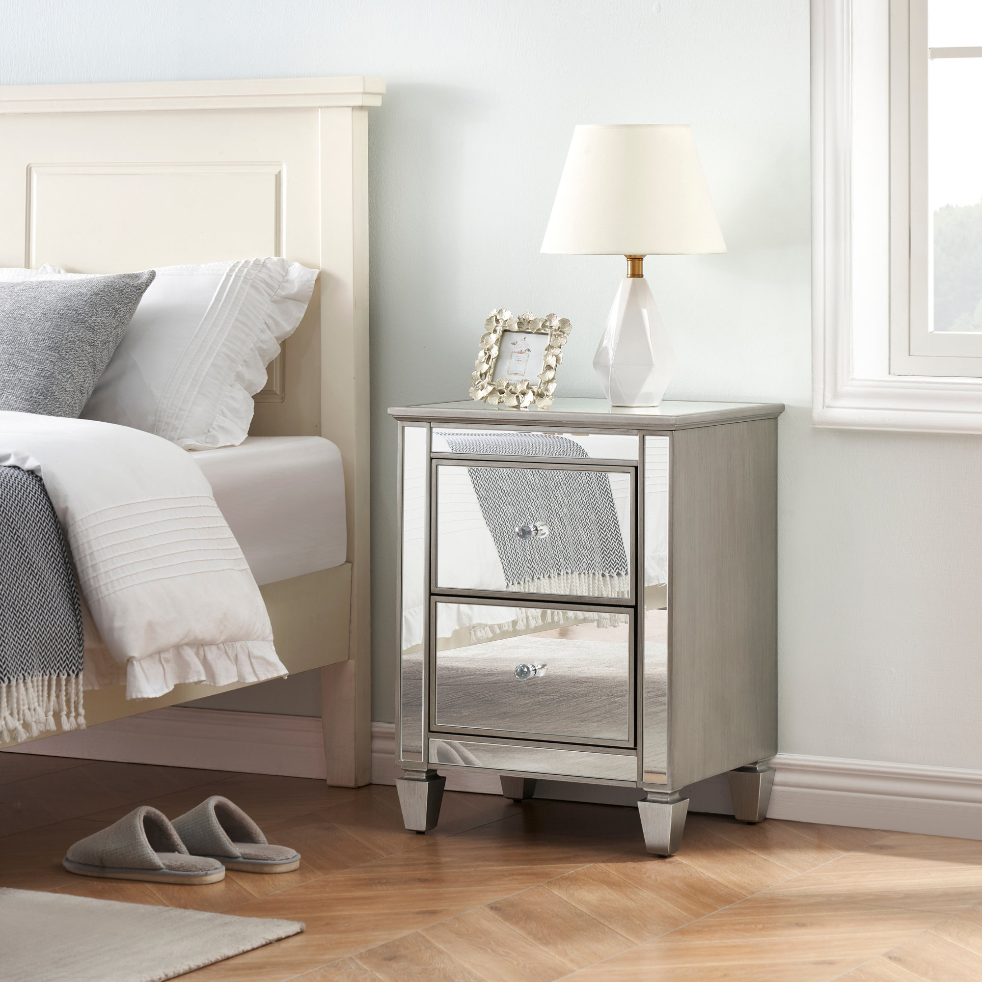 HomeBelongs 26.25'' Tall 2 - Drawer Mirrored Nightstand In Silver ...