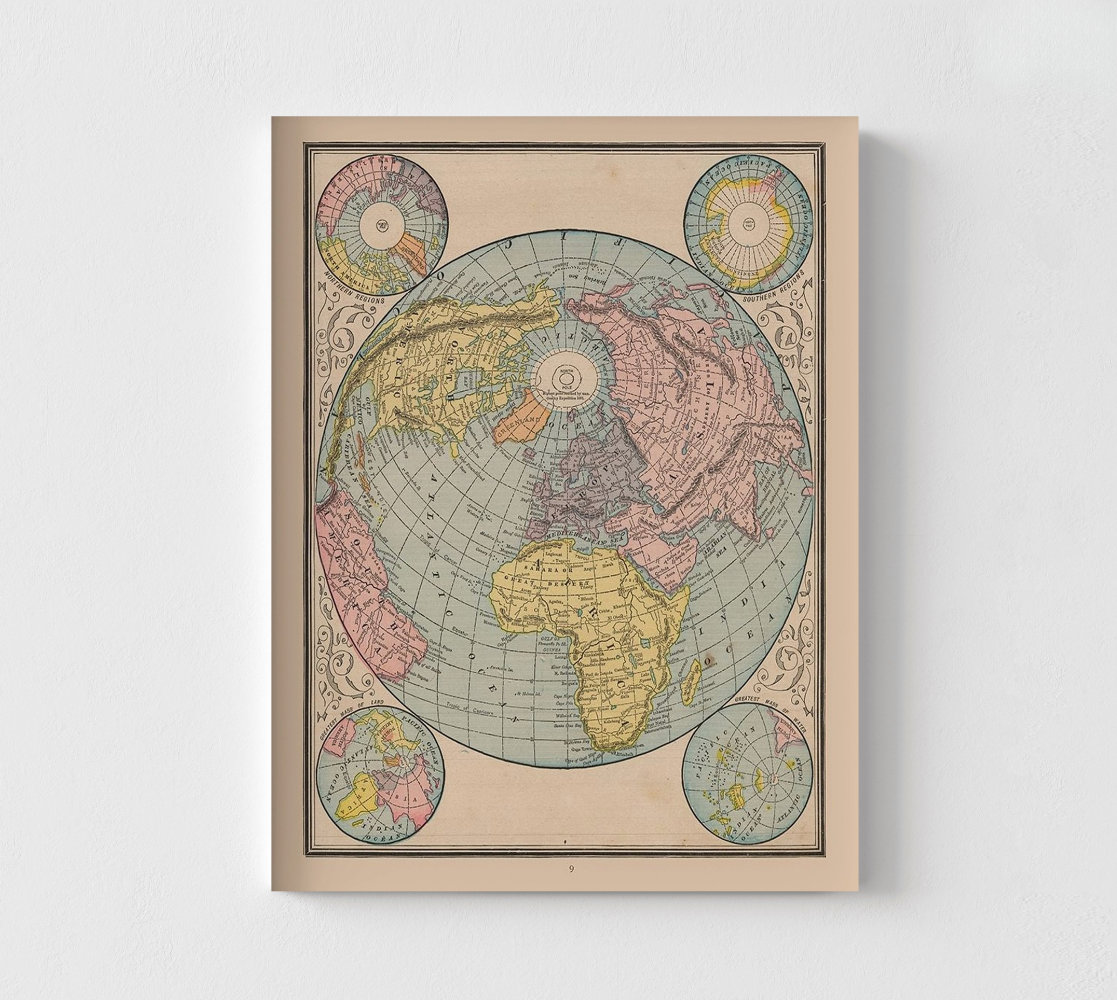 WeFrameArt North South Pole World - Cram 1888, Vintage Poles World Map ...
