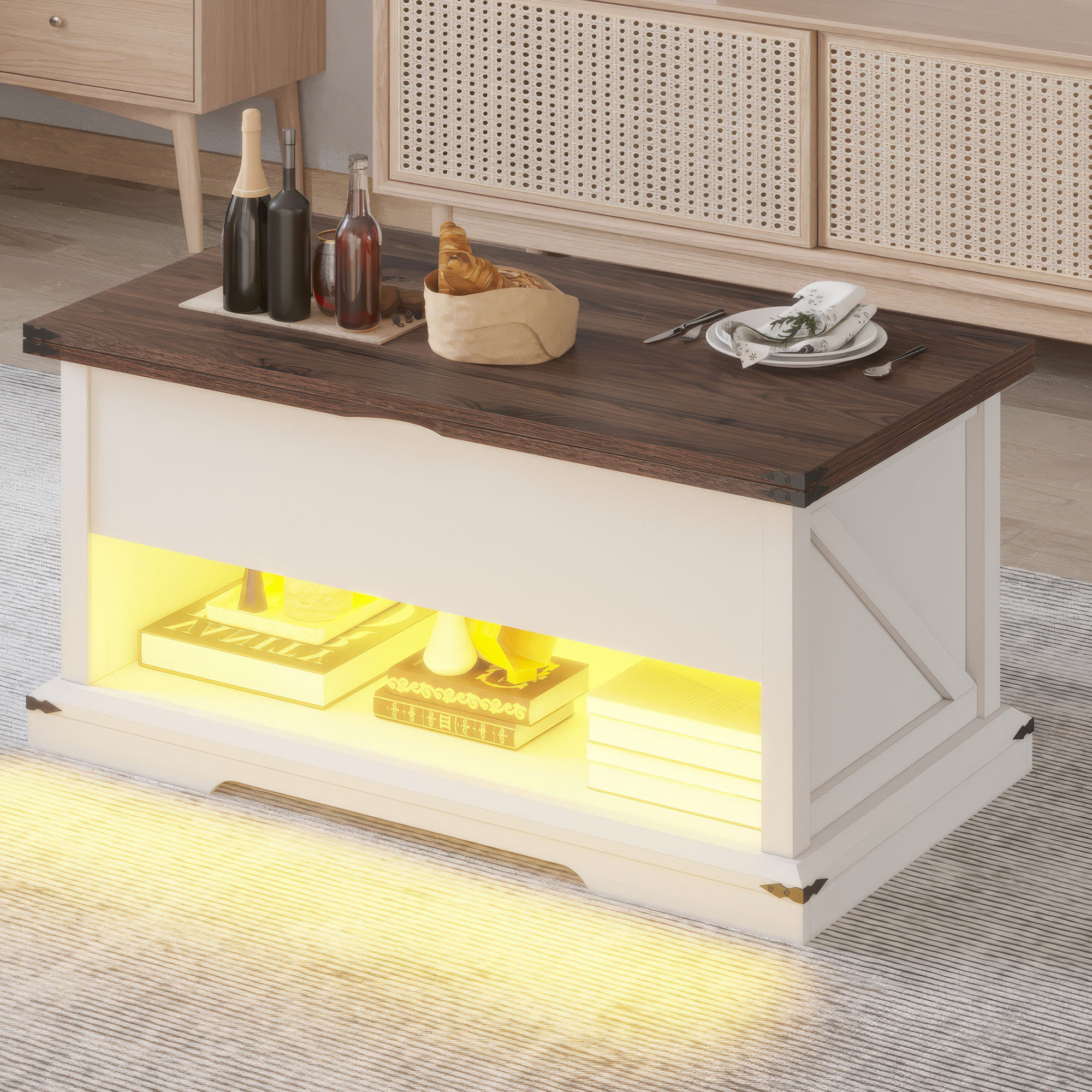 Ivy Bronx LED Farmhouse Lift Top Coffee Table, 3 In 1 Multi-Function ...