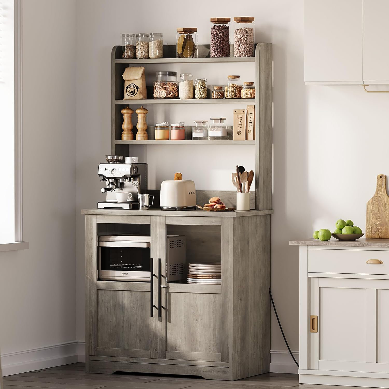 Winston Porter 30.7" Bakers Rack With 2 Glass Doors, Farmhouse Bakers ...