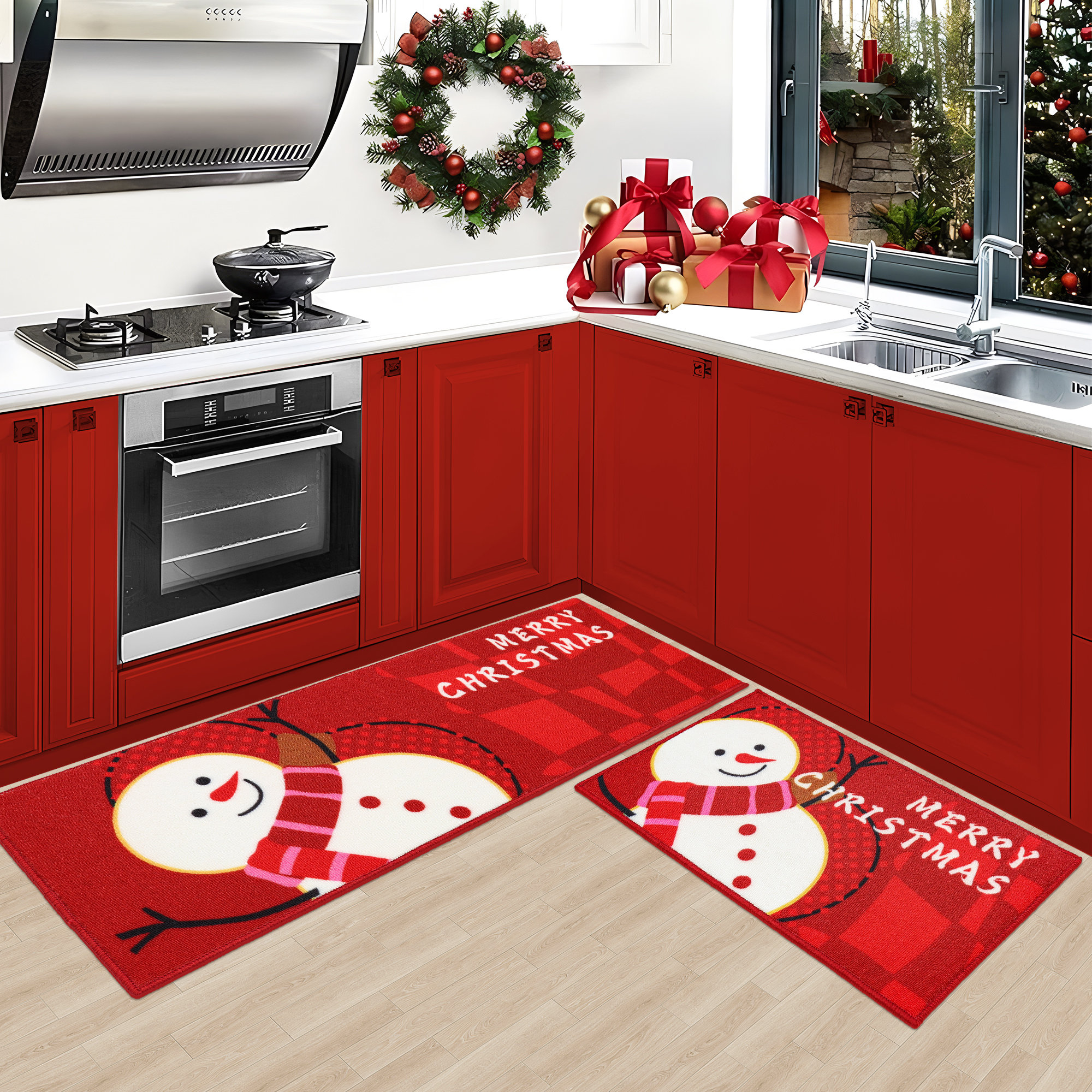 The Holiday Aisle® Christmas Red Kitchen Rugs 2PCS Non Slip Merry ...