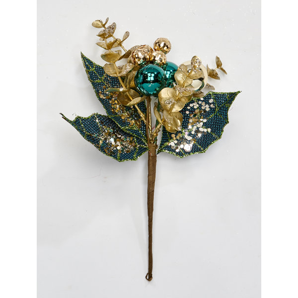 The Holiday Aisle® Glittered Ball and Leaves Pick | Wayfair
