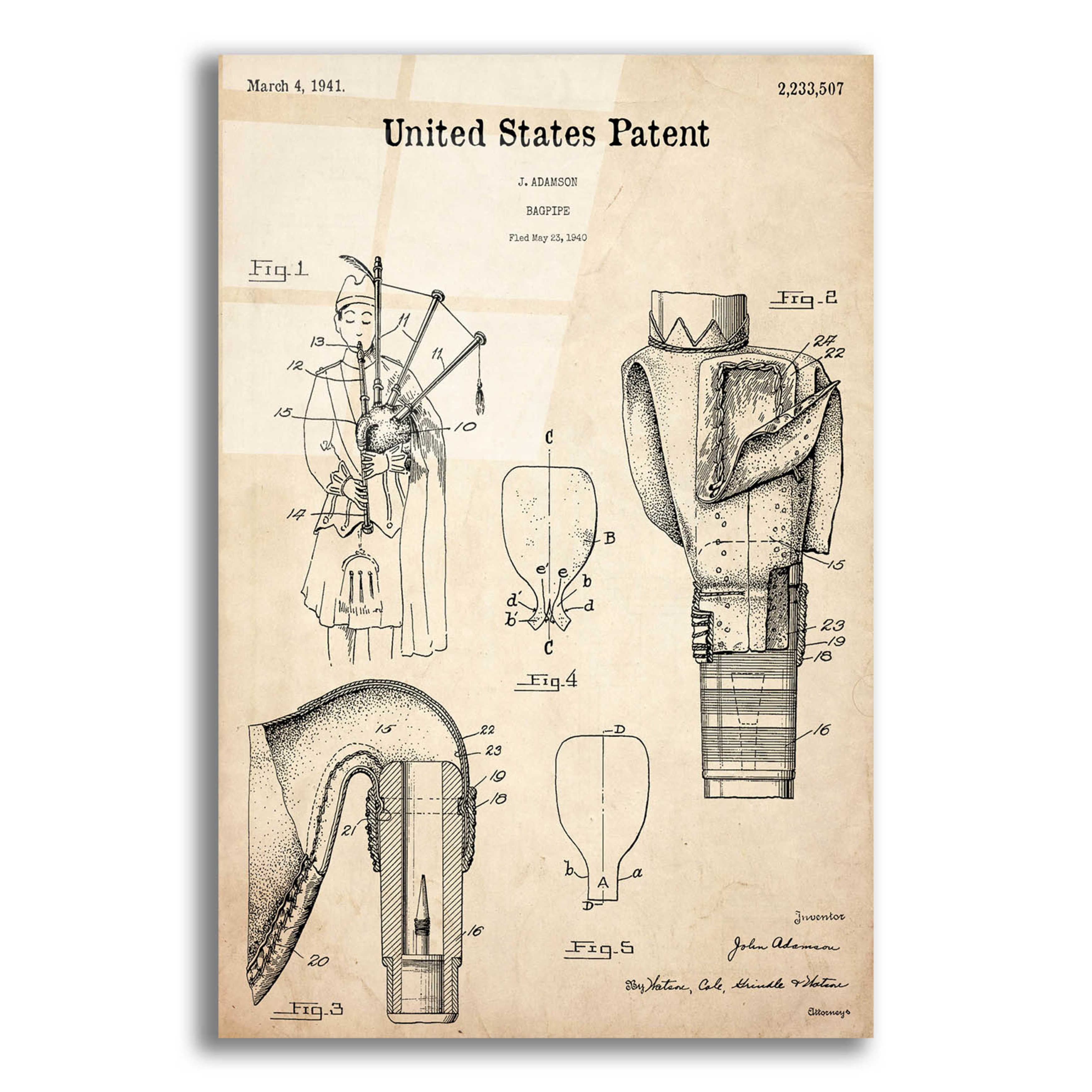 Williston Forge 'Bagpipe Blueprint Patent Parchment,' Acrylic Glass ...