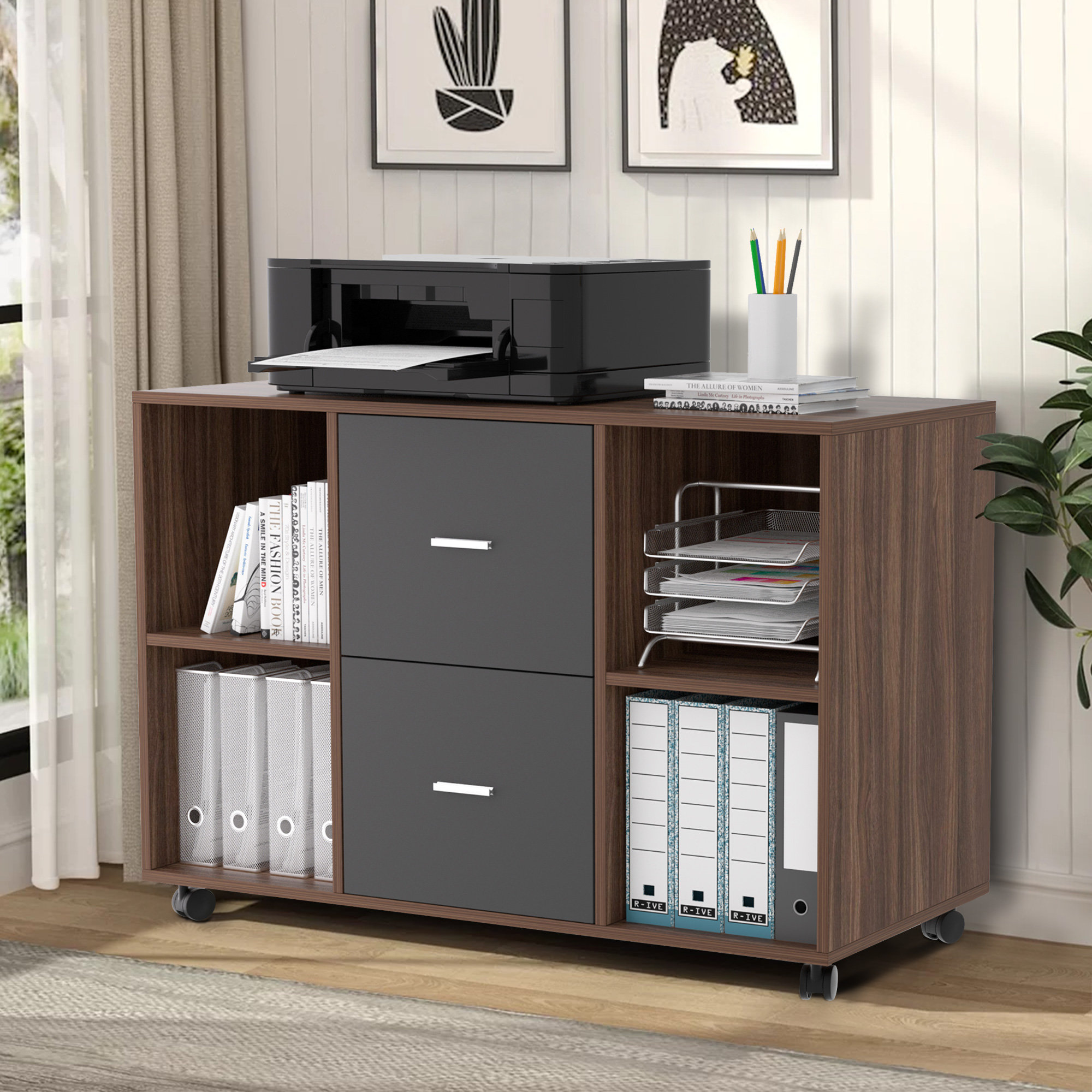 Latitude Run® Mobile lateral filing cabinet with 2 drawers and 4 open ...
