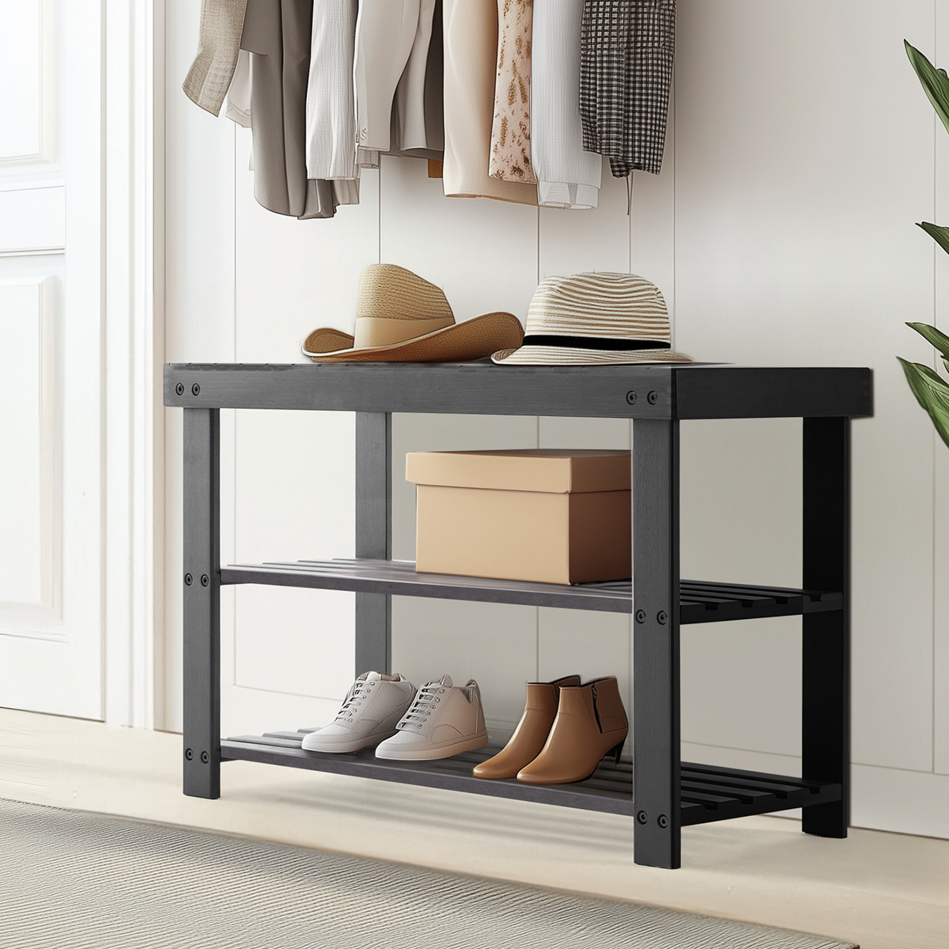 Latitude Run® 3-Tier Bamboo Shoe Rack Bench, Compact Shoe Storage ...