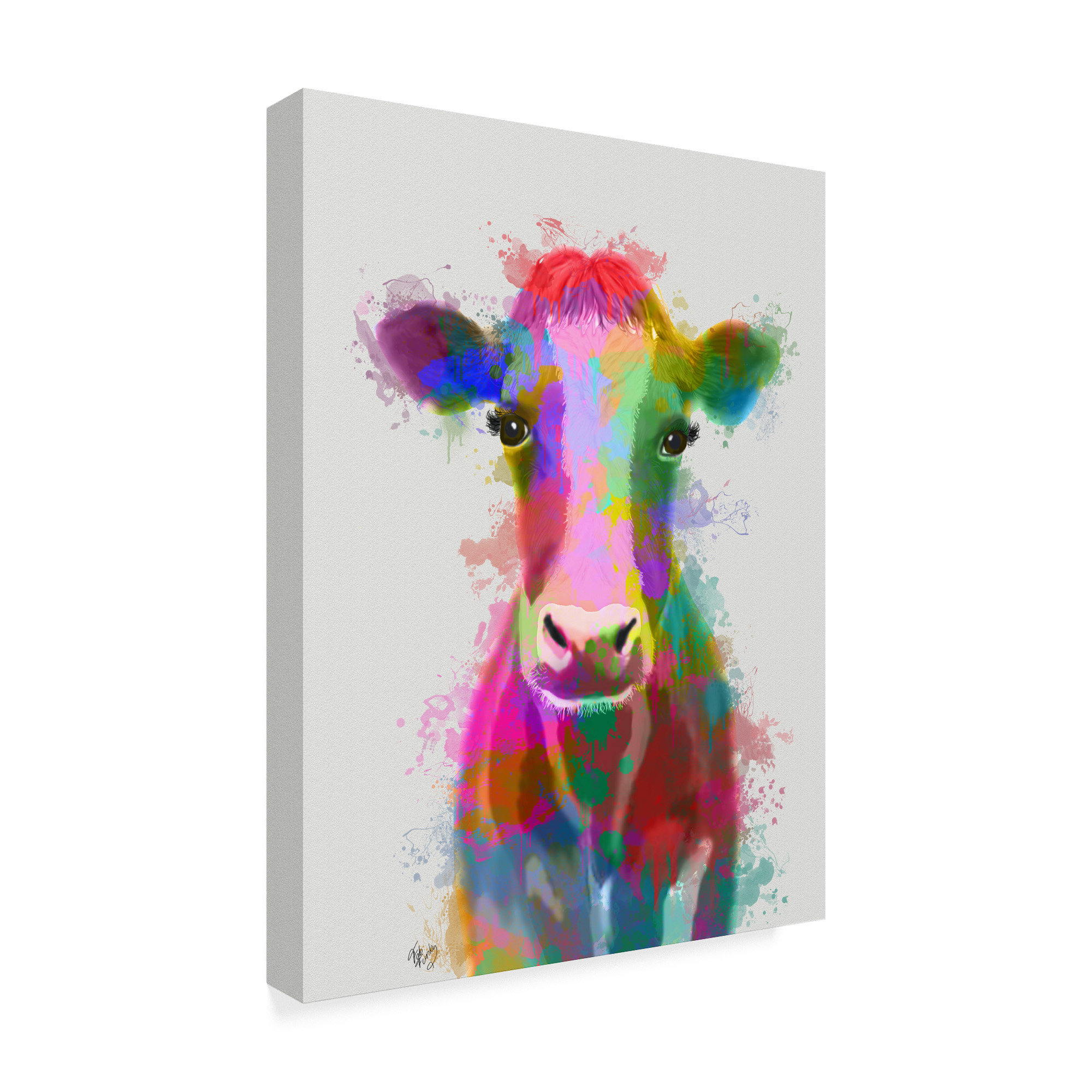 Ebern Designs Rainbow Splash Cow On Canvas by Fab Funky Print | Wayfair
