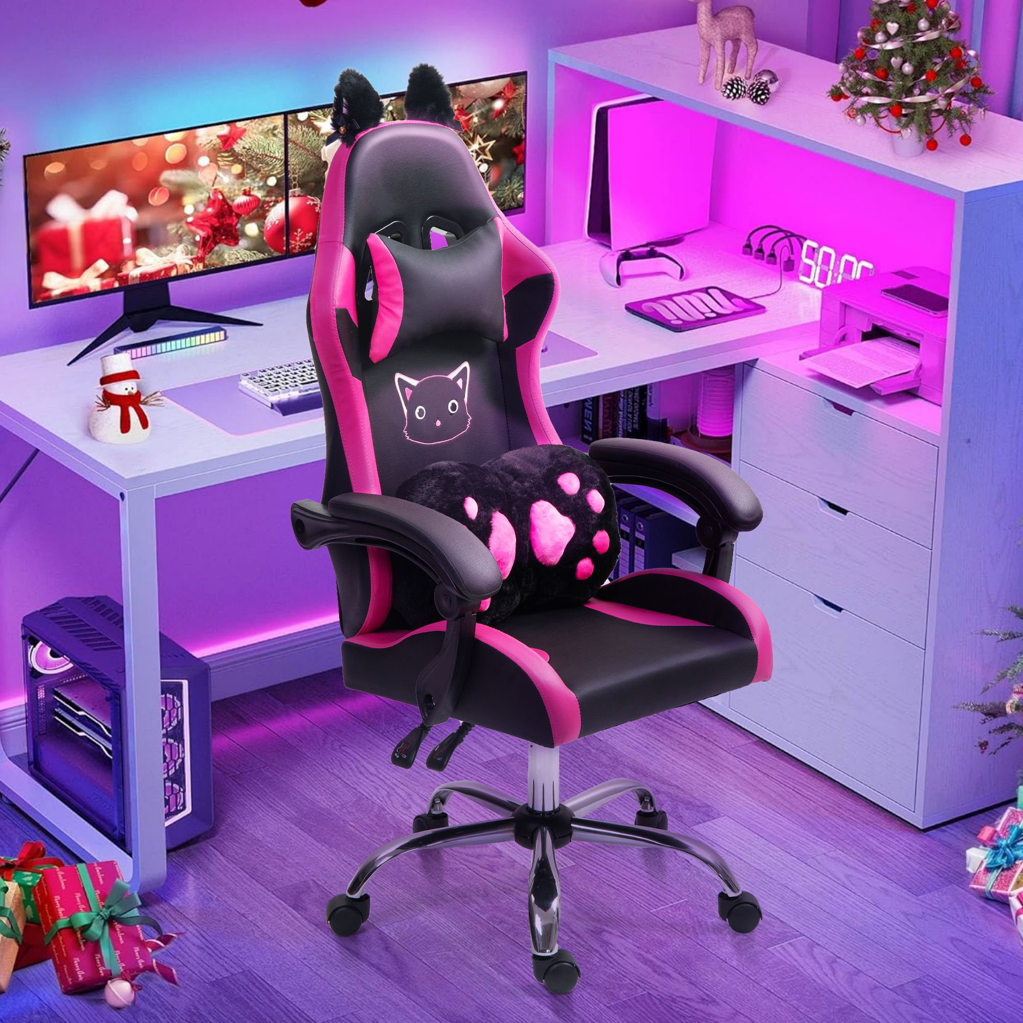 Inbox Zero Cute Gaming Chair with Cat Paw Lumbar Cushion and Cat Ears ...