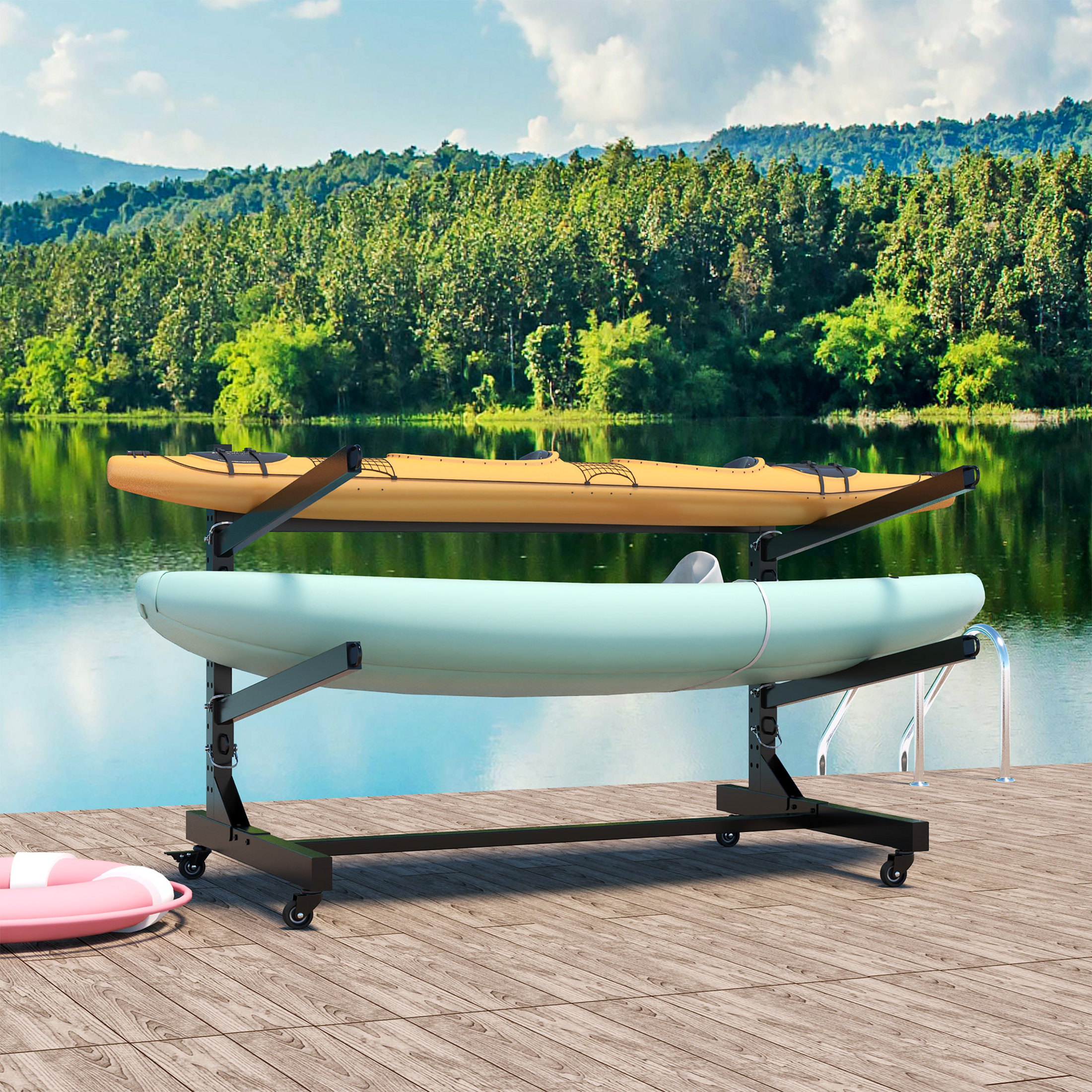17 Stories Adjustable Freestanding Kayak Storage Rack for 2 Kayaks with ...