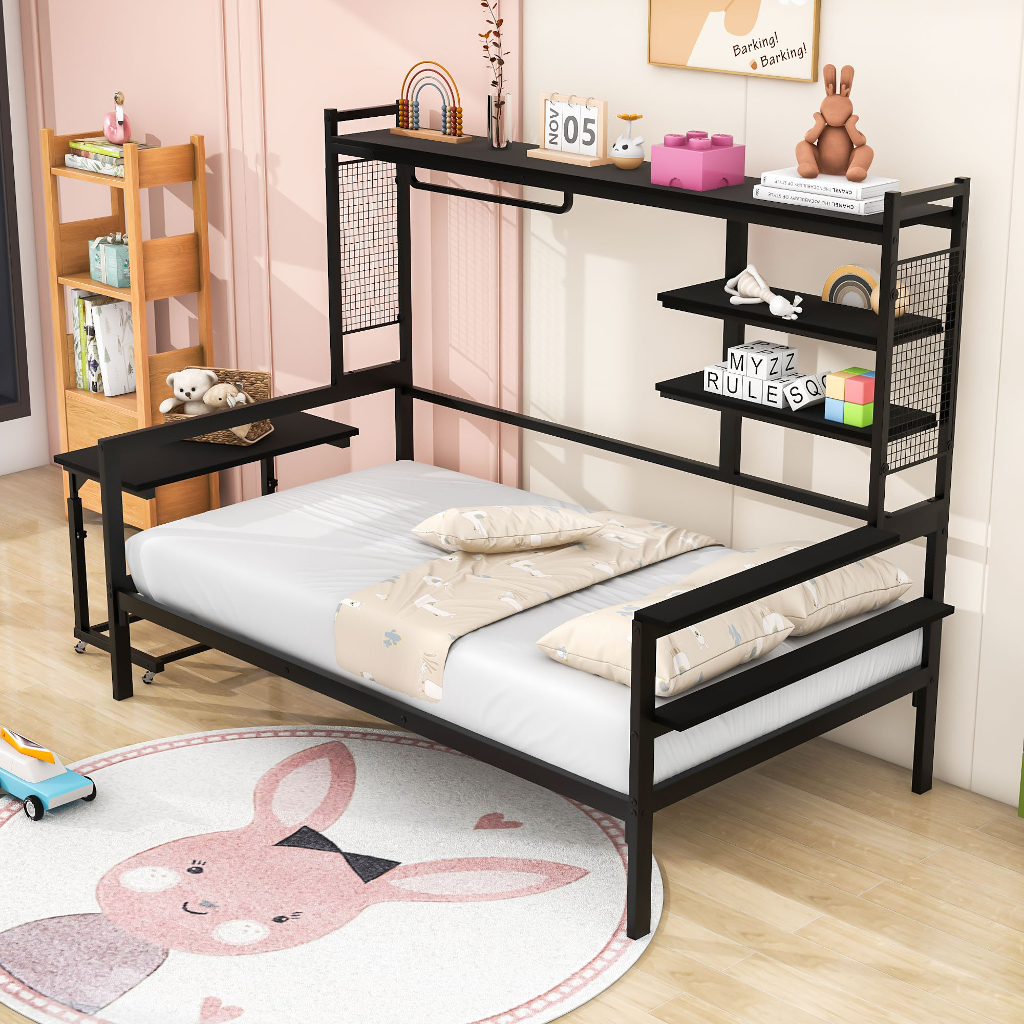 Latitude Run® Metal Daybed with Shelves and Movable Desk | Wayfair