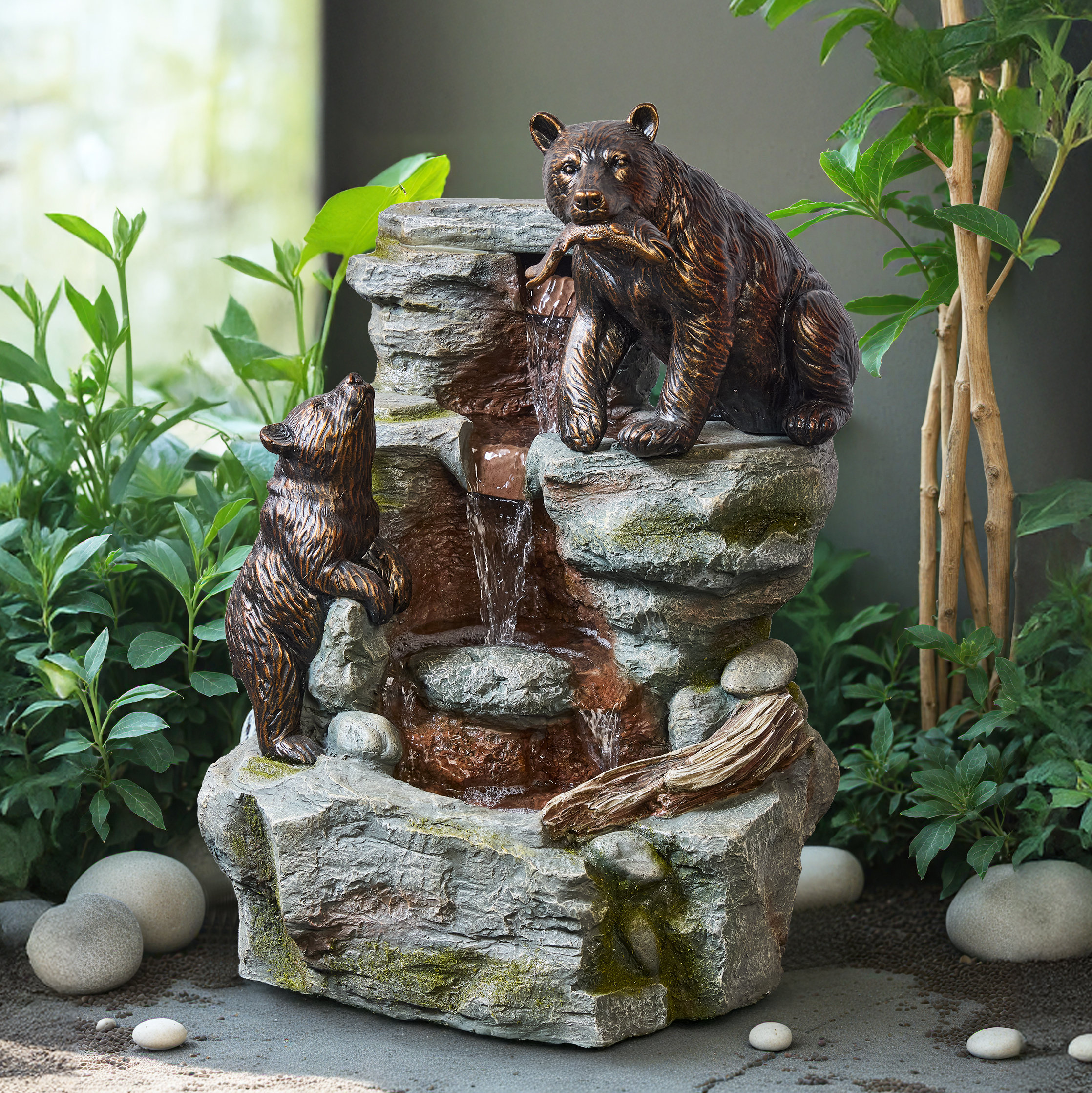 Millwood Pines Polyresin Outdoor 2 Bears Climbing On Rainforest Water ...