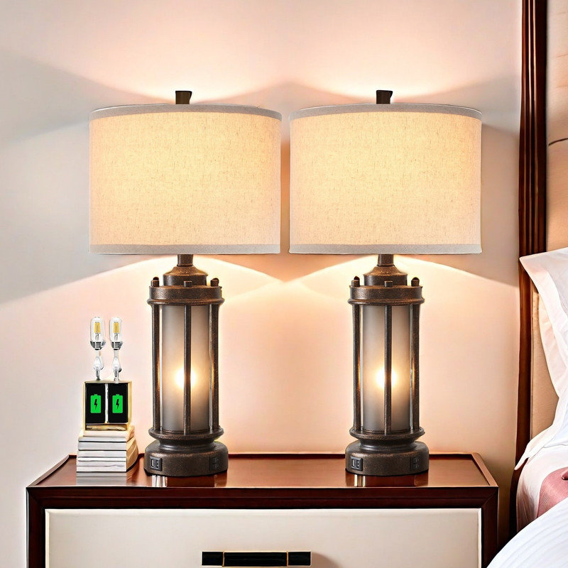 17 Stories 2-Piece Bronze Farmhouse Bedside Lamps with Linen Beige ...