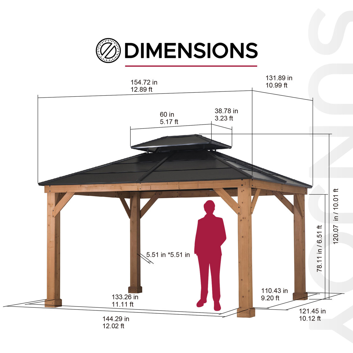 Sunjoy Hardtop Gazebo 11’ x 13’ Outdoor Cedar Framed Wood Gazebo with ...