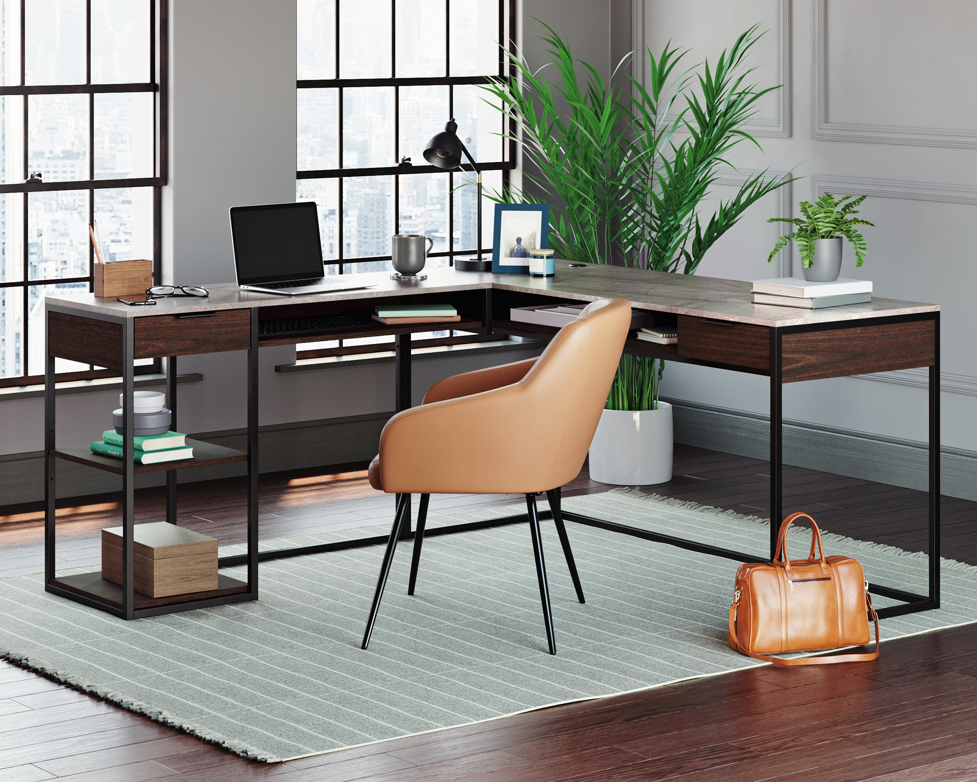 17 Stories Modern L-Shaped Desk in Umber Wood | Wayfair
