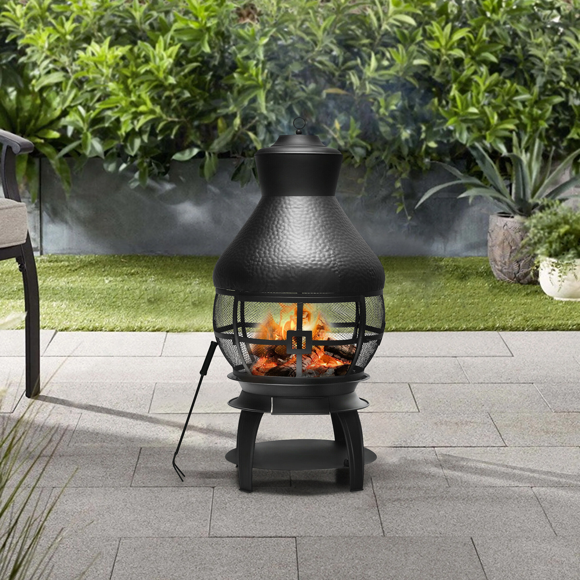 Arlmont & Co. Patio Metal Wood Burning Chimneys Outdoor Fireplace-Black ...