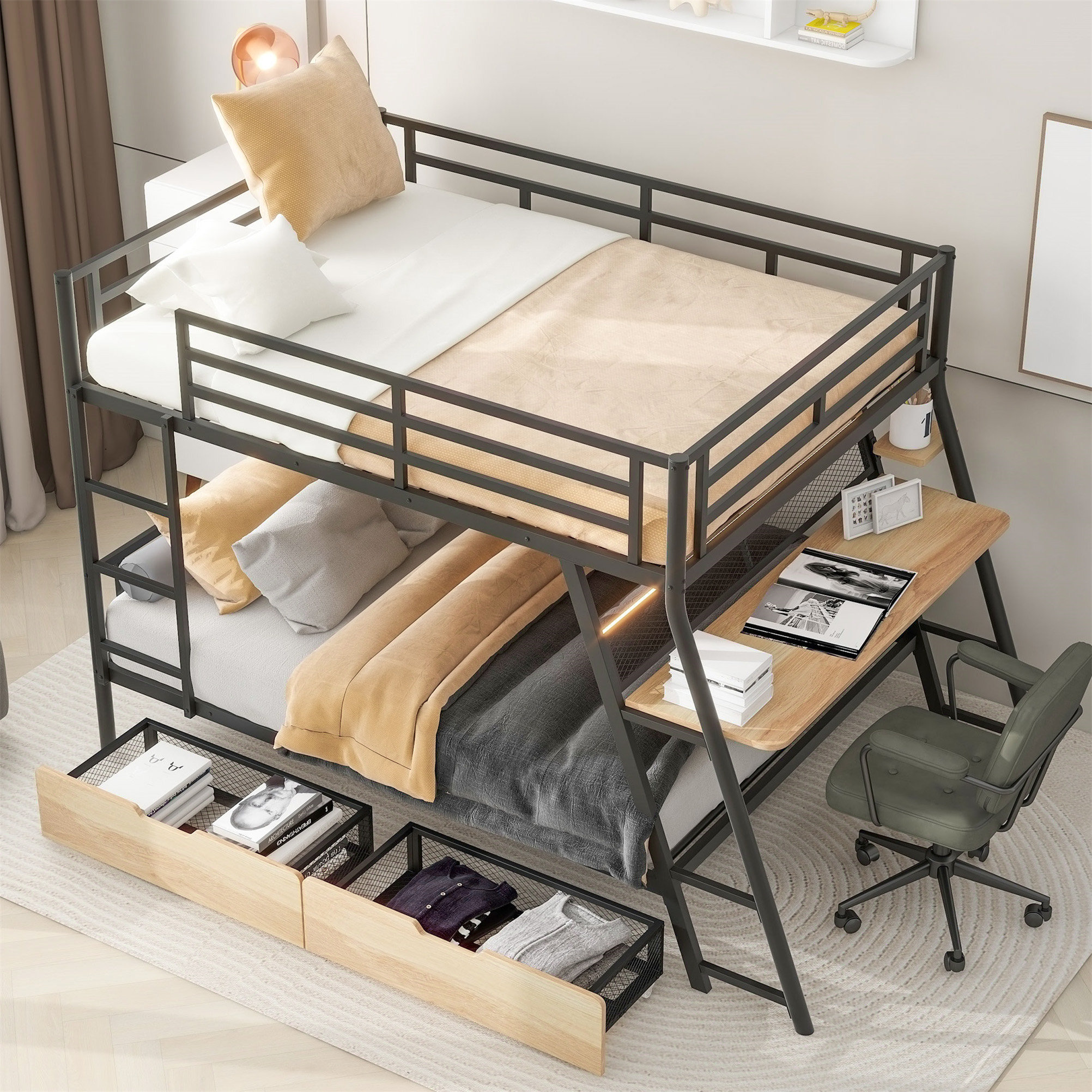 Mason & Marbles Full Size Metal Bunk Bed With Built-In Desk | Wayfair