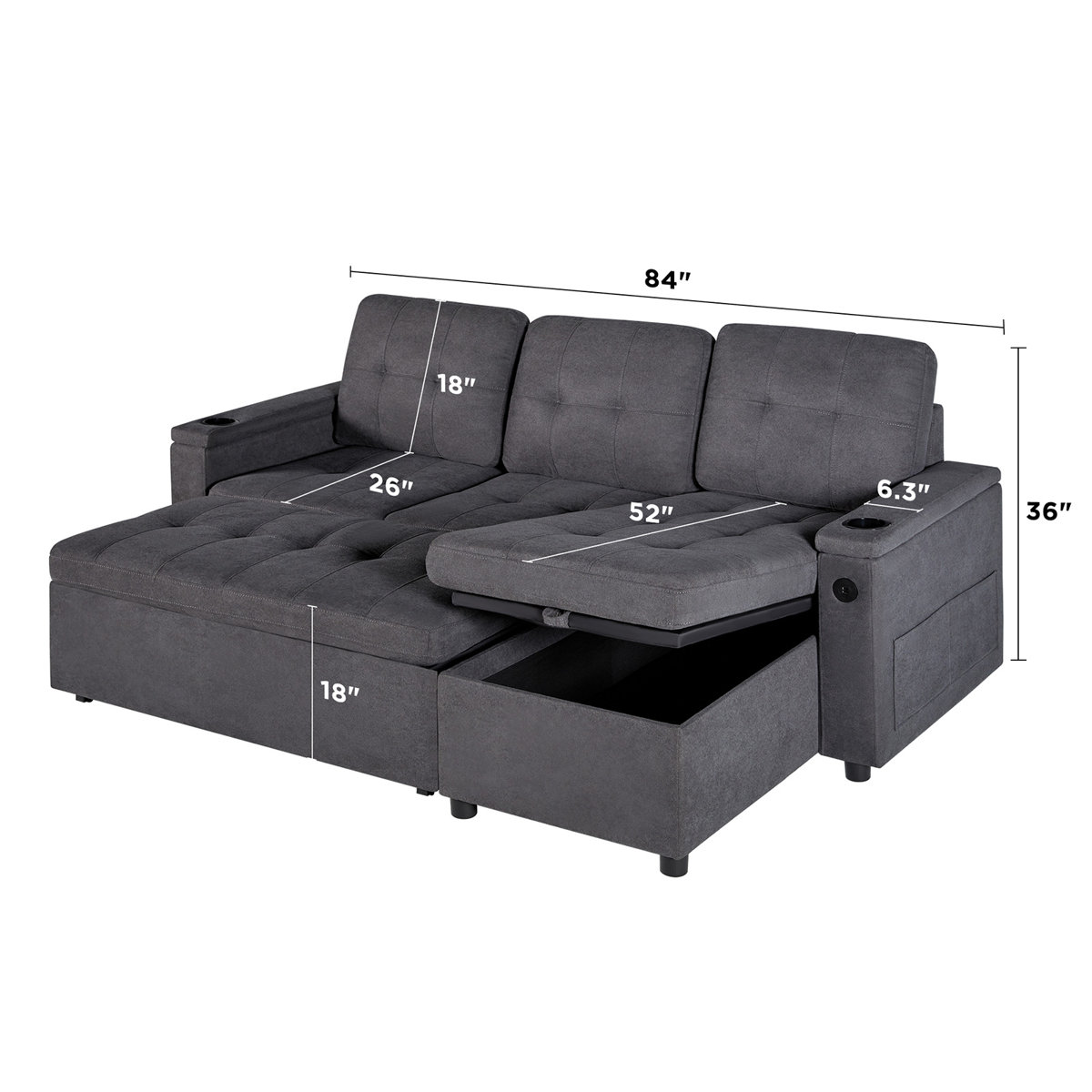 Latitude Run® 84 Inch Pull-Out Sleeper Sofa With Storage Chaise, Tufted ...