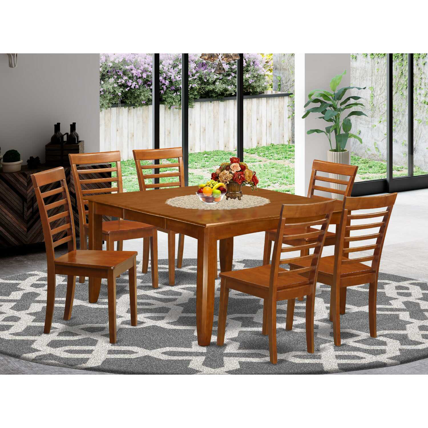 Red Barrel Studio 7-Piece Square Saddle Brown Finish Solid Wood Top Dining Table with 6-Chairs ...