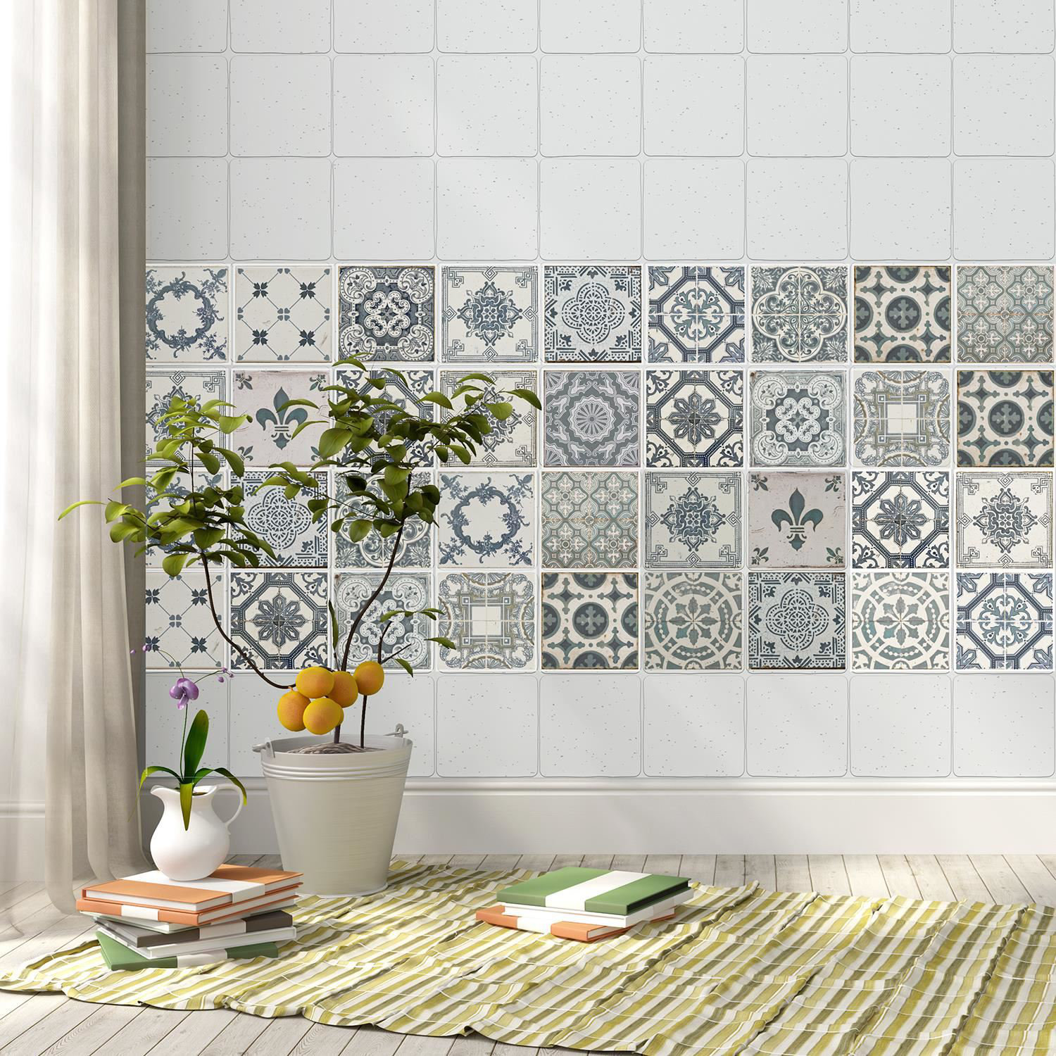 Walplus Vintage Azulejo PVC Peel & Stick Wall Stickers Mosaic Tile ...