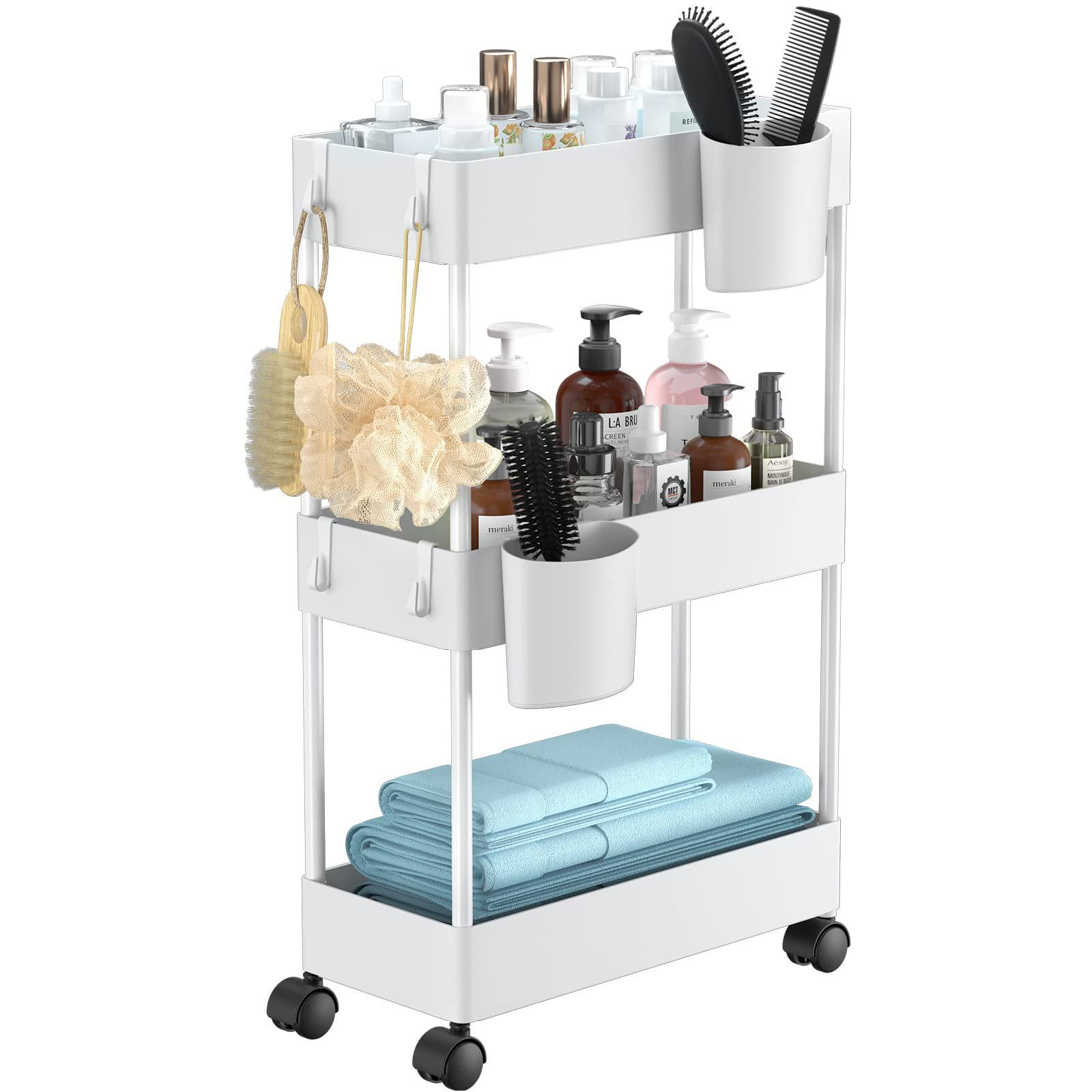 AMADA 3-Tier Utility Cart with Wheels for Kitchen, Bathroom, Laundry ...