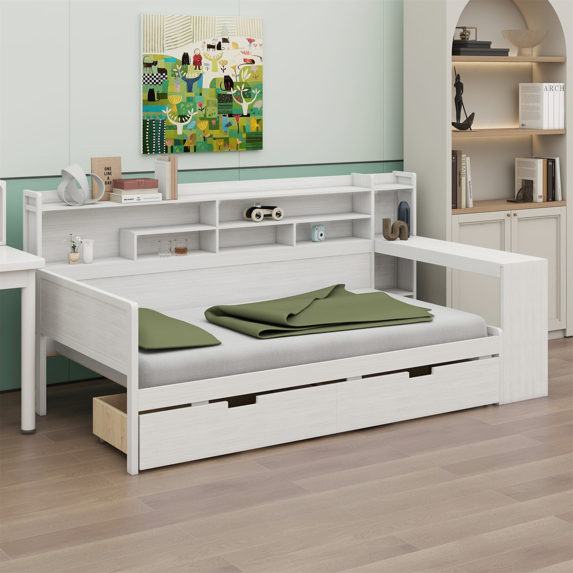 Lark Manor Wooden Daybed With Storage Shelves, Multi-Functional Bed ...