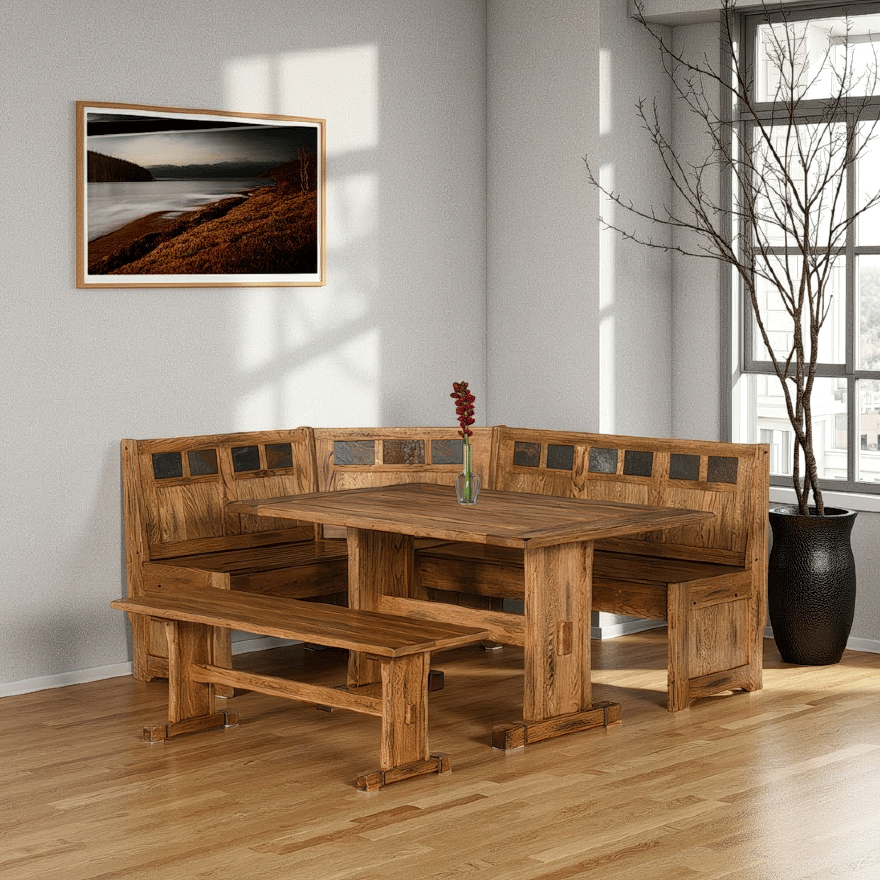 Benjara Marv 4Pc Breakfast Dining Table Set, Corner Storage Bench Light ...