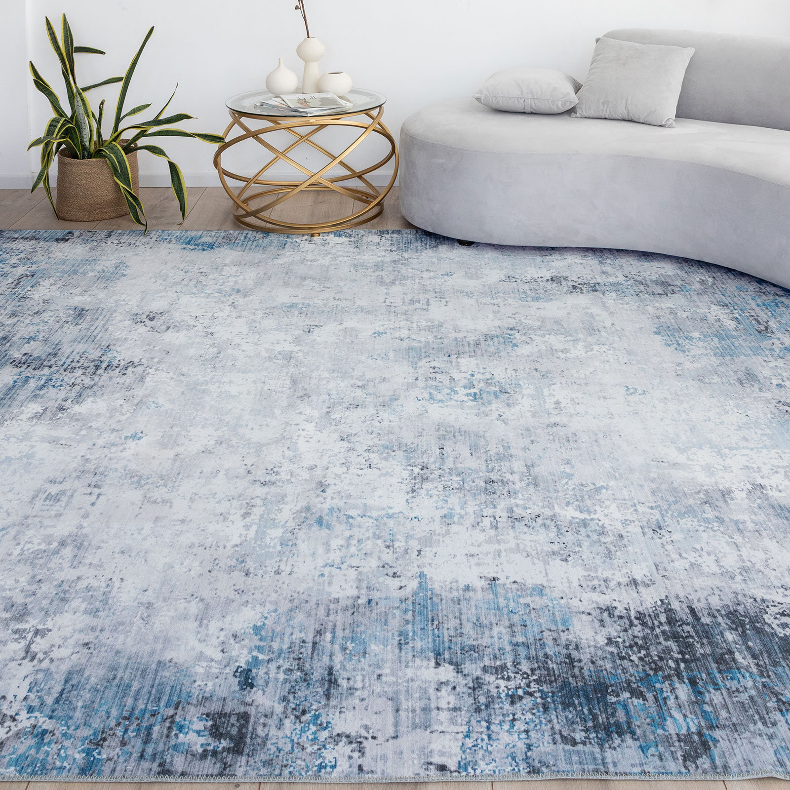 DECOMALL Blue/White Machine Washable Modern Abstract Polyester Area Rug ...