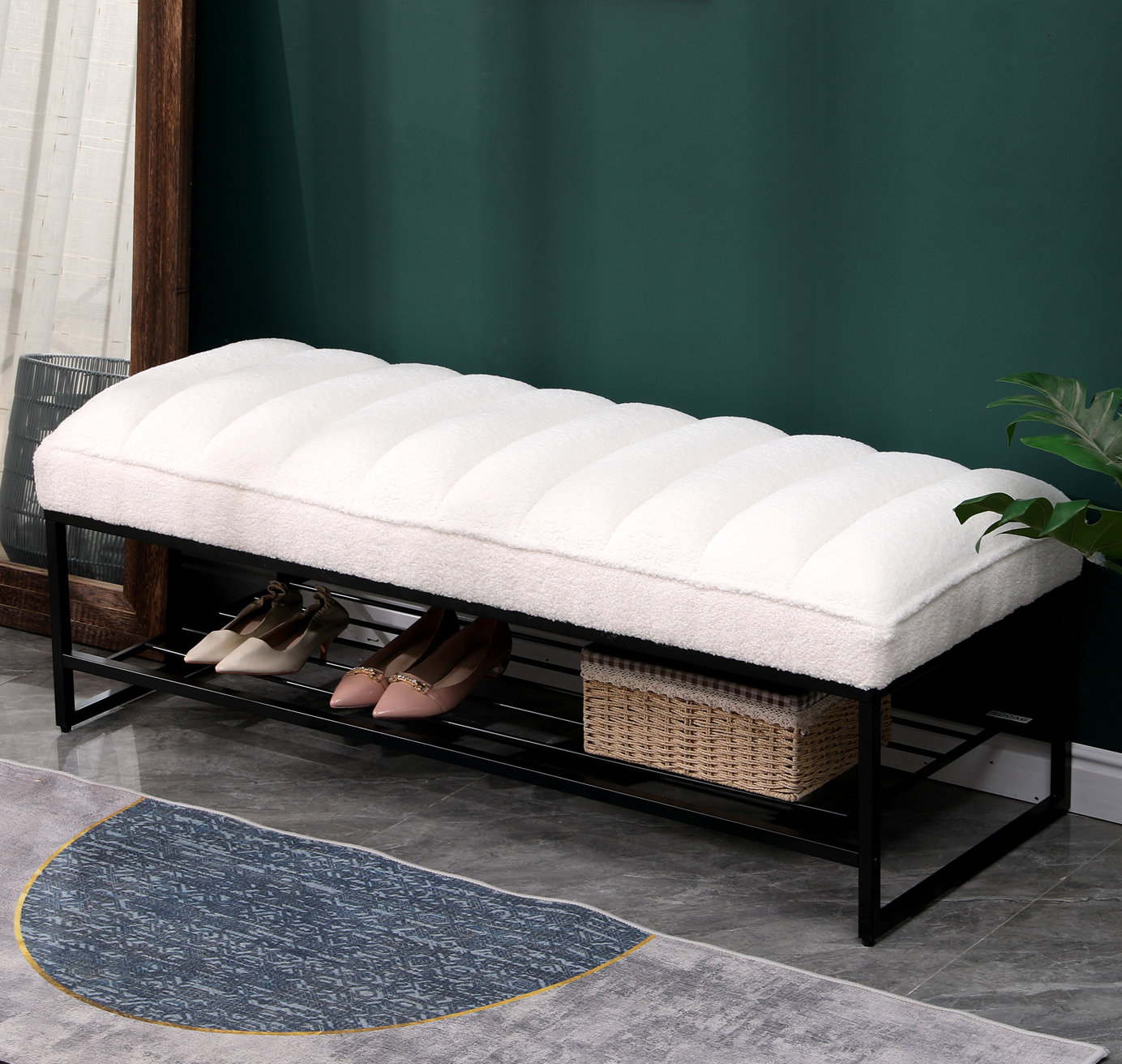 Latitude Run® Modern Tufted Bench With Metal Shelf, Sherpa Upholstered ...