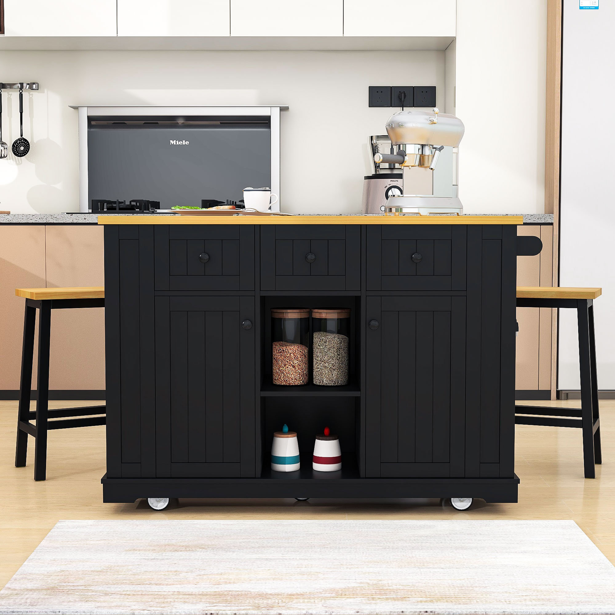 Lark Manor Kitchen Island with 2 Matching Bar Stools, Built-in Outlets ...