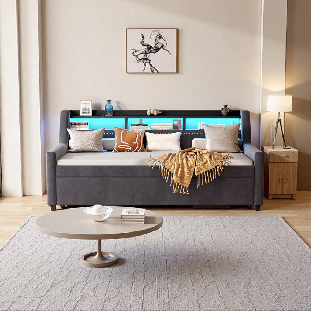 Ivy Bronx Velvet Twin Daybed with Trundle: LED Lighting & Charging ...
