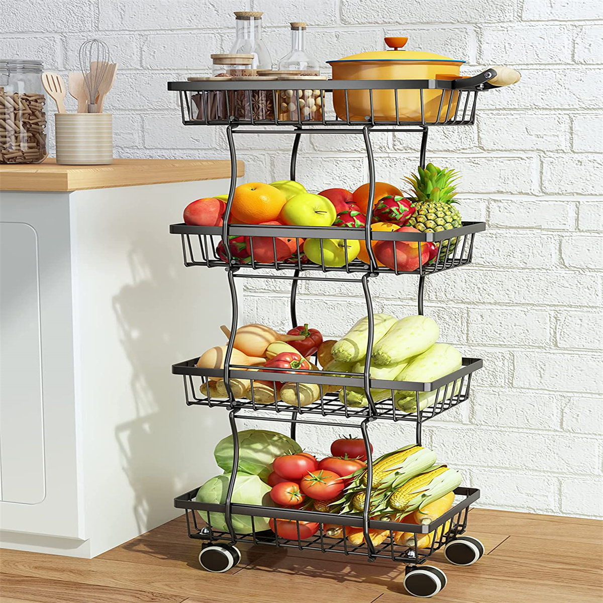 Rebrilliant Fruit Basket For Kitchen, 4 Tier Rolling Utility Cart ...