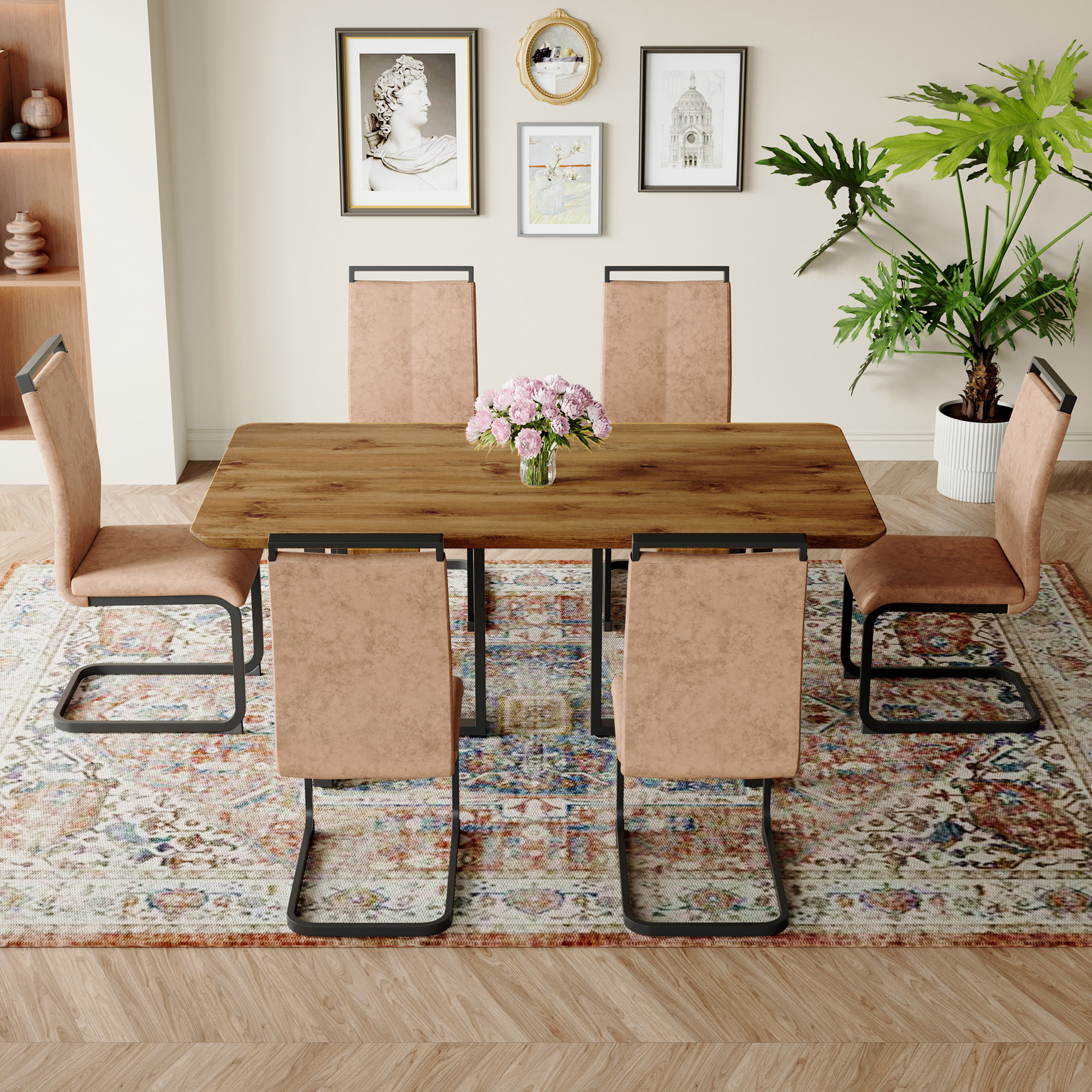 17 Stories "x36" wood-textured mdf dining table with 6 brown fabric ...