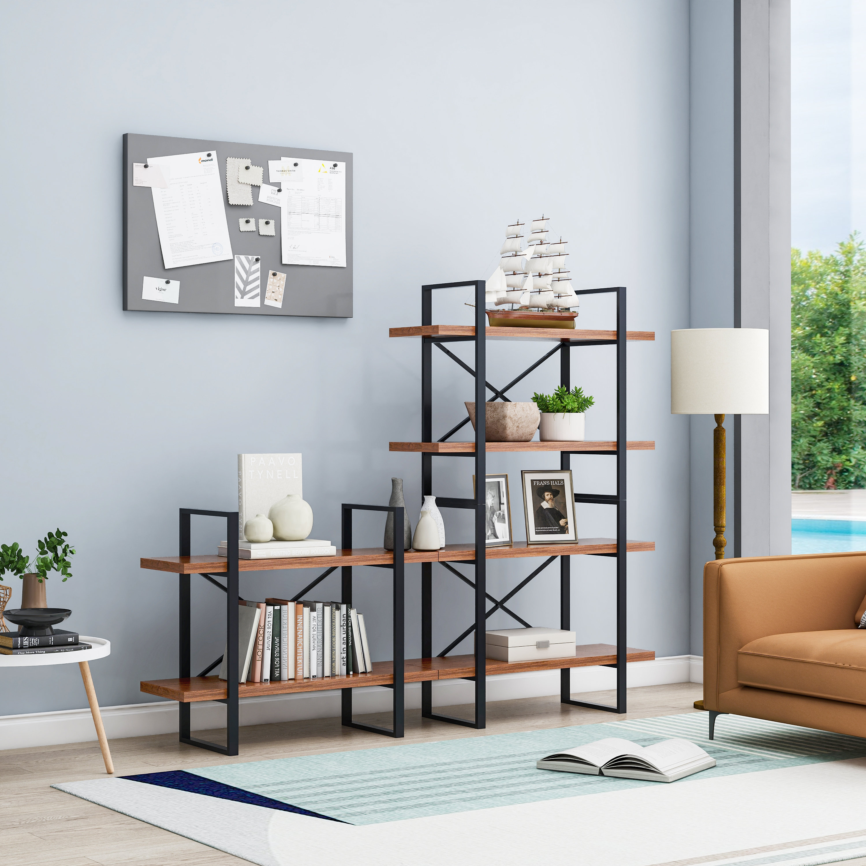 17 Stories Lotus Jd Walnut Wood And Steel Etagere Bookcase-70.86*56.69 ...