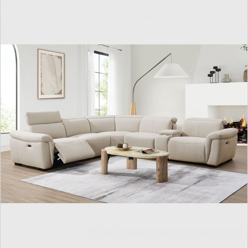 INLE Beige Boucle Sectional Sofa With 2 Power Recliners | Wayfair