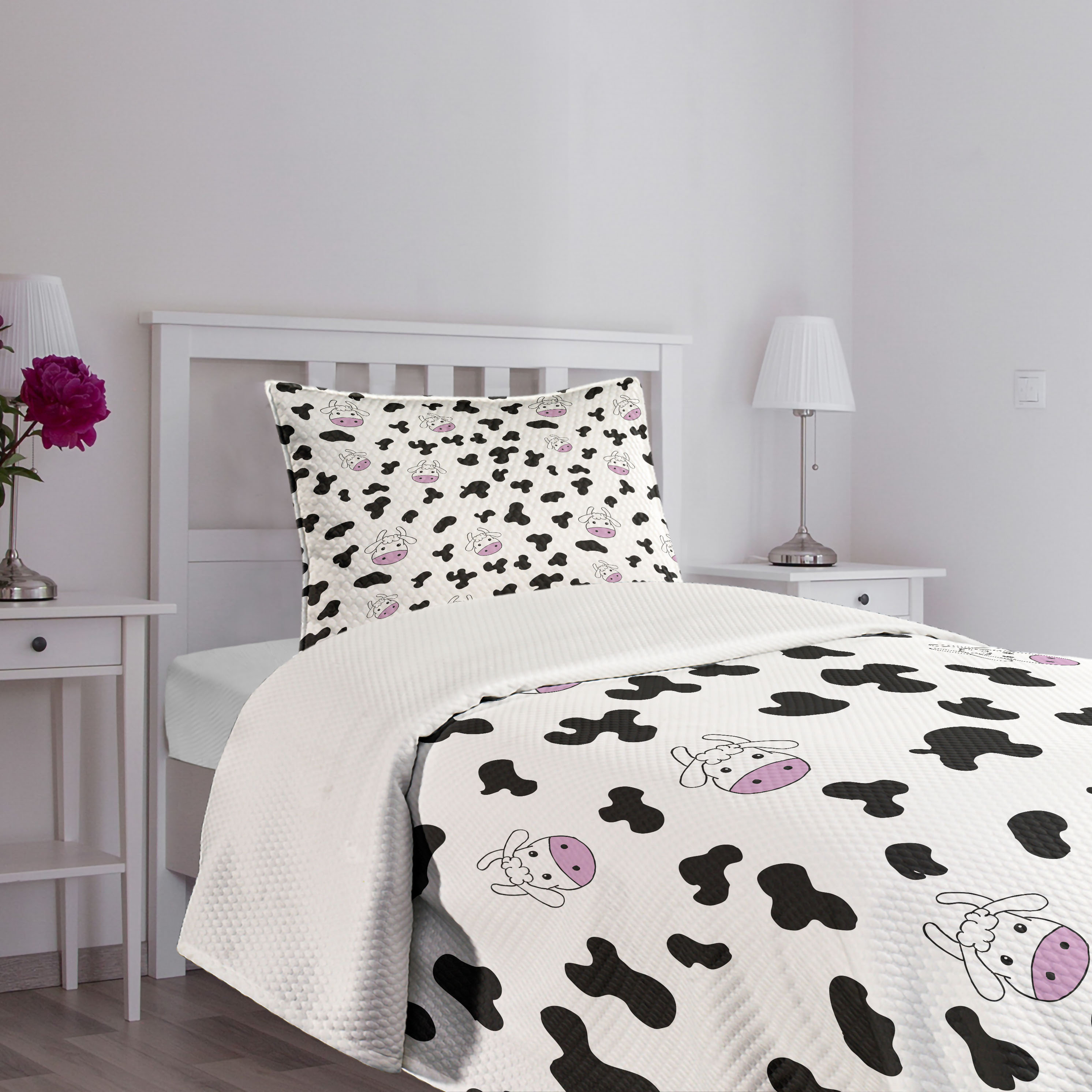 Ambesonne Cow Print Bedspread Set Animal Hide Design Black White Lilac ...
