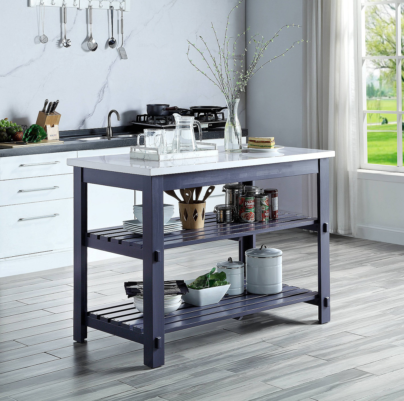 Latitude Run® Enapay Marble Top Top & Grey Finish Kitchen Island ...