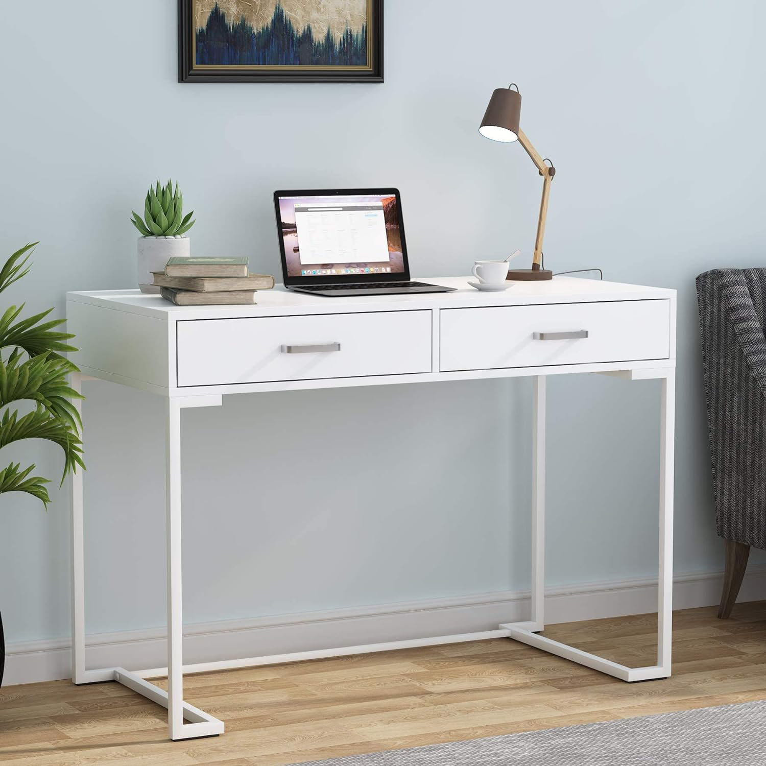Brayden Studio® White Computer Desk, White Writing Desk With 2 Drawers ...