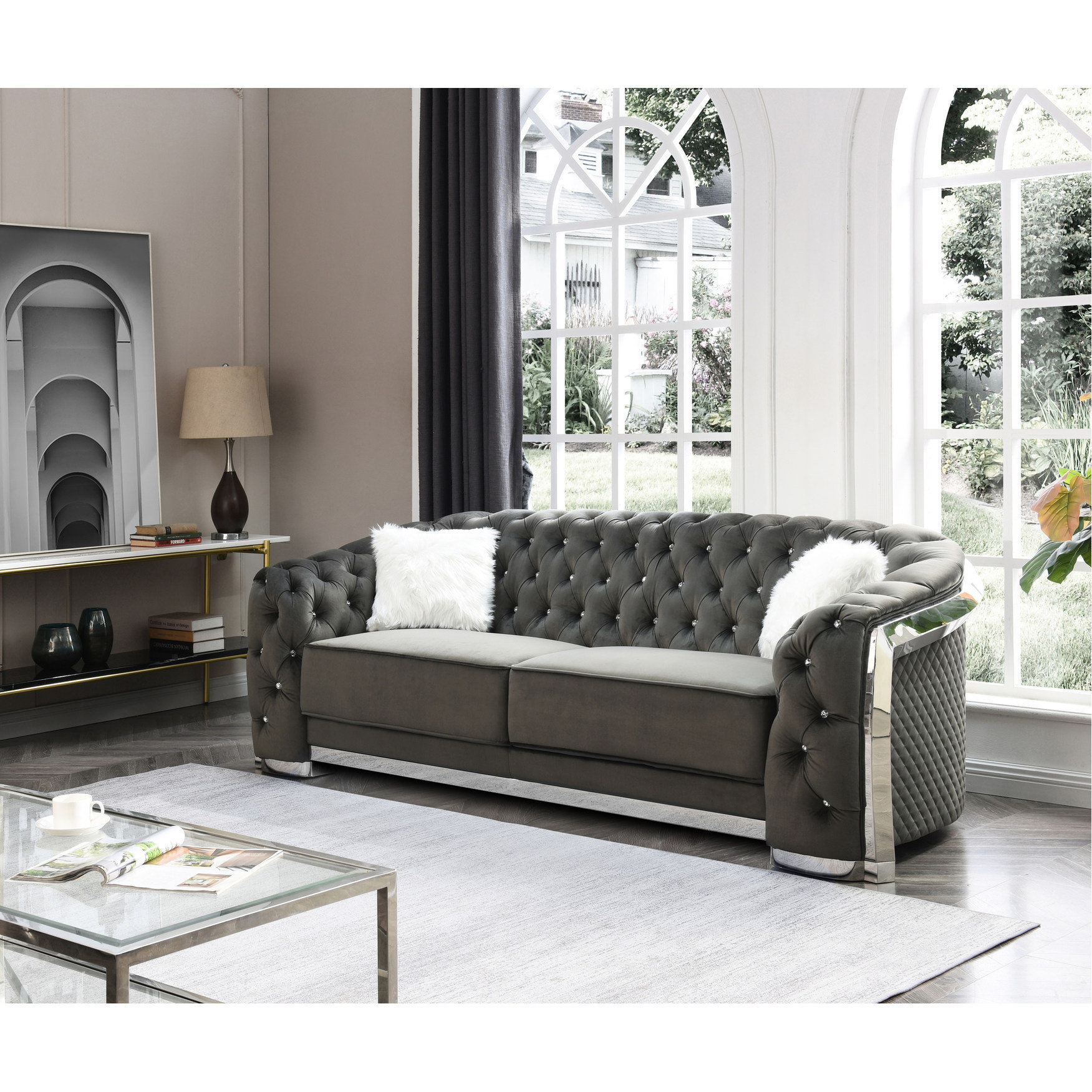 Everly Quinn Grey Velvet With Led Lights And Seat Cushions G0590a-s ...