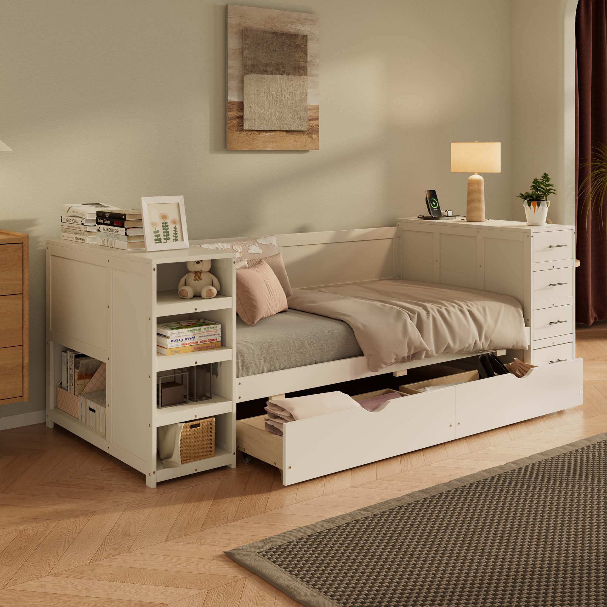Latitude Run® Wooden Twin Size Daybed With Side Shelves & Drawers ...