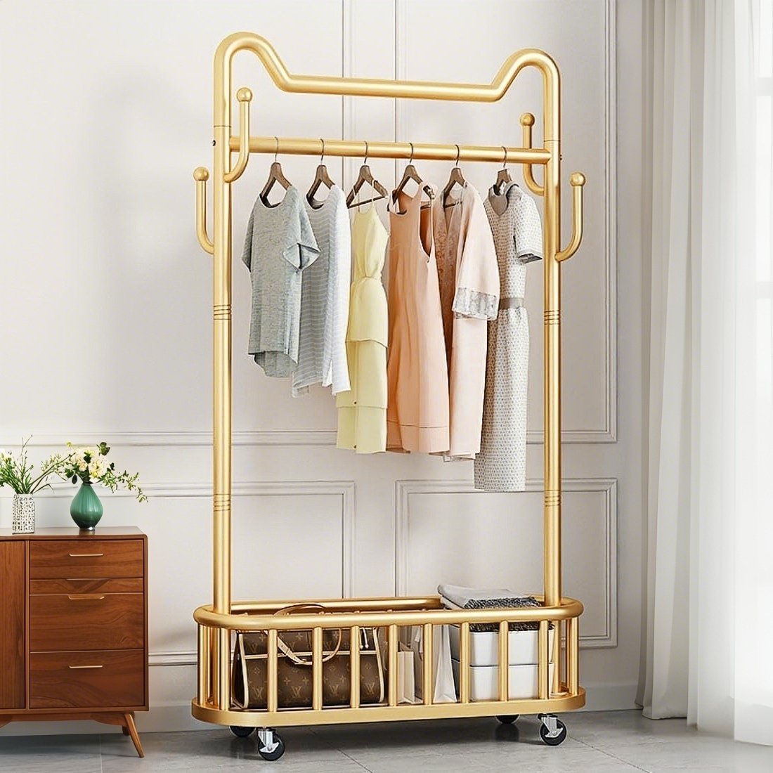House of Hampton 68" Gold Mobile Clothing Rack with Storage Basket and ...