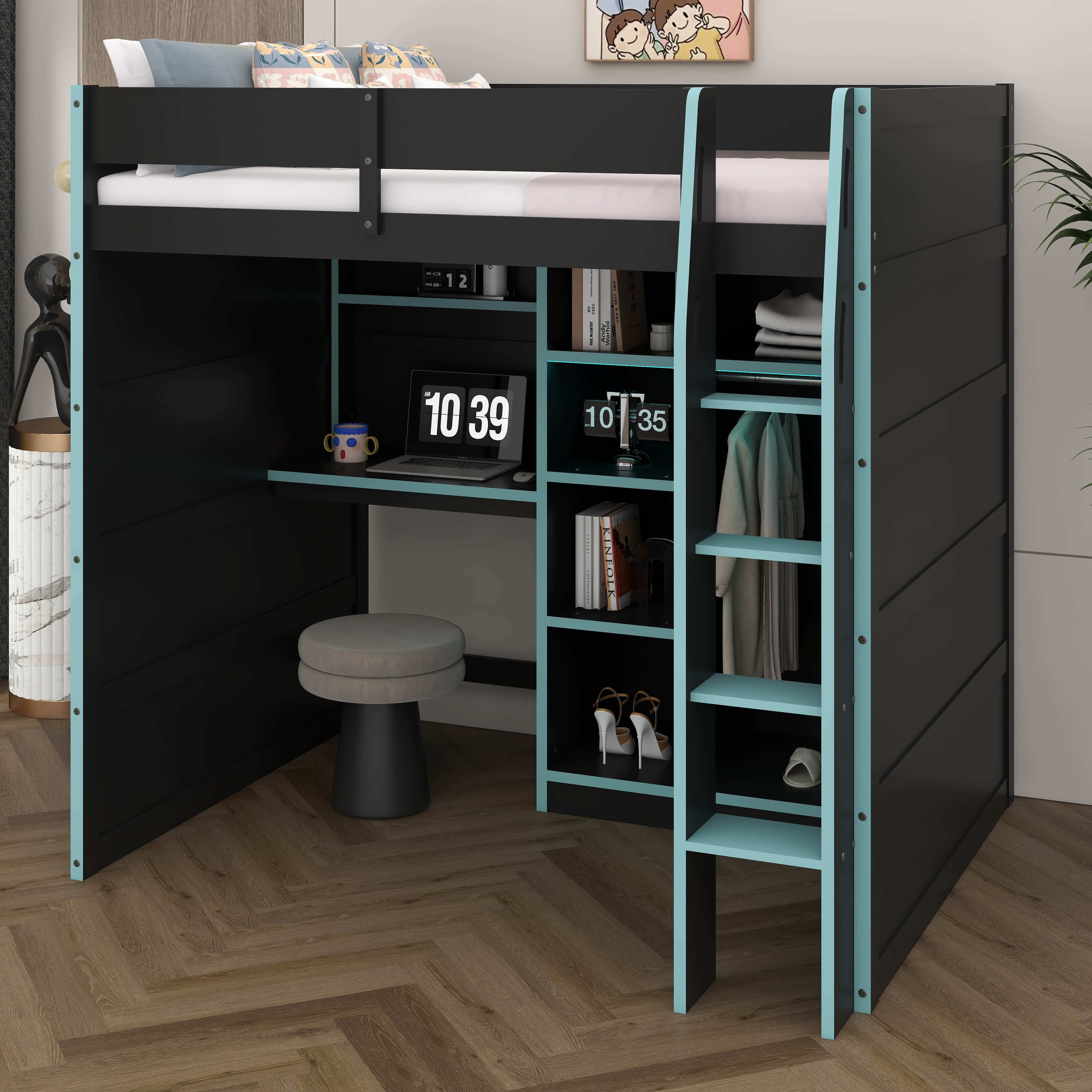 Ivy Bronx Full Size Loft Bed With Desk, Loft Bed With Open Wardrobe ...
