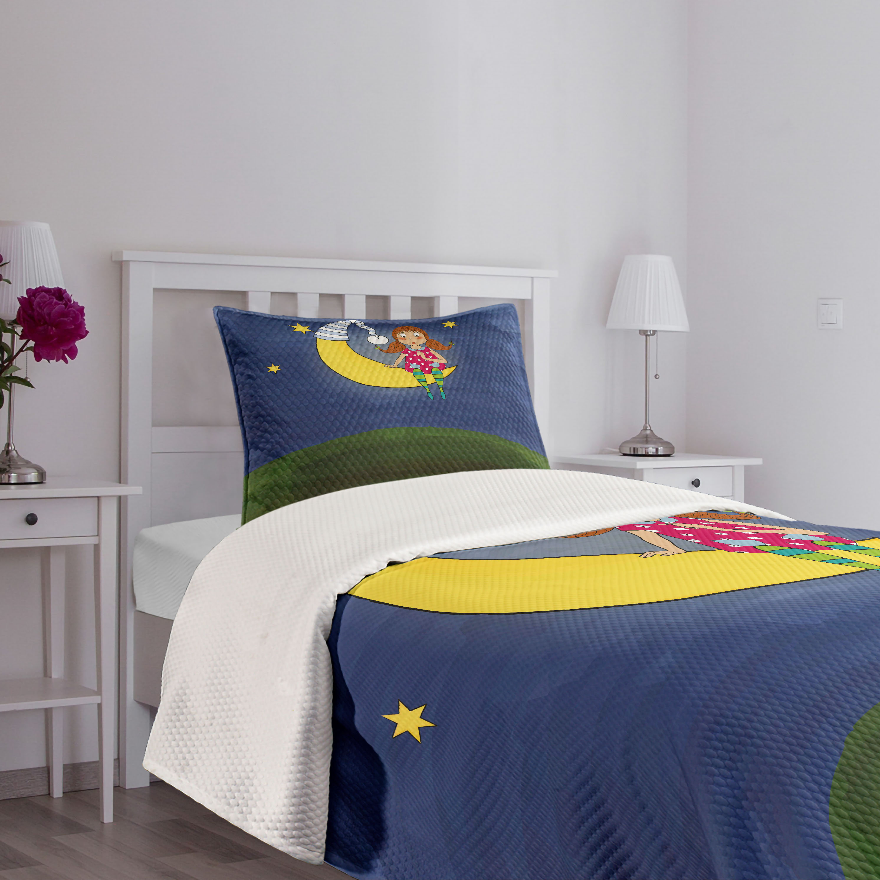 Ambesonne Moon Bedspread Set Girl on Moon Words Art Multicolor | Wayfair