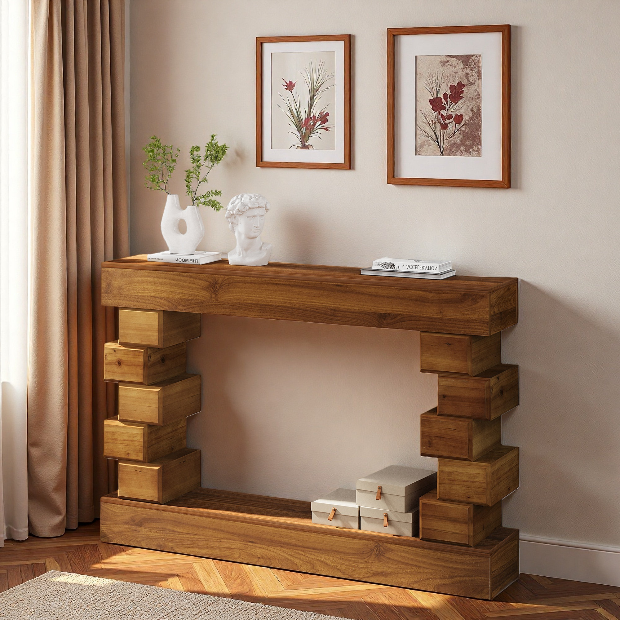 Millwood Pines Wood Console Table With Geometric Block Structure | Wayfair
