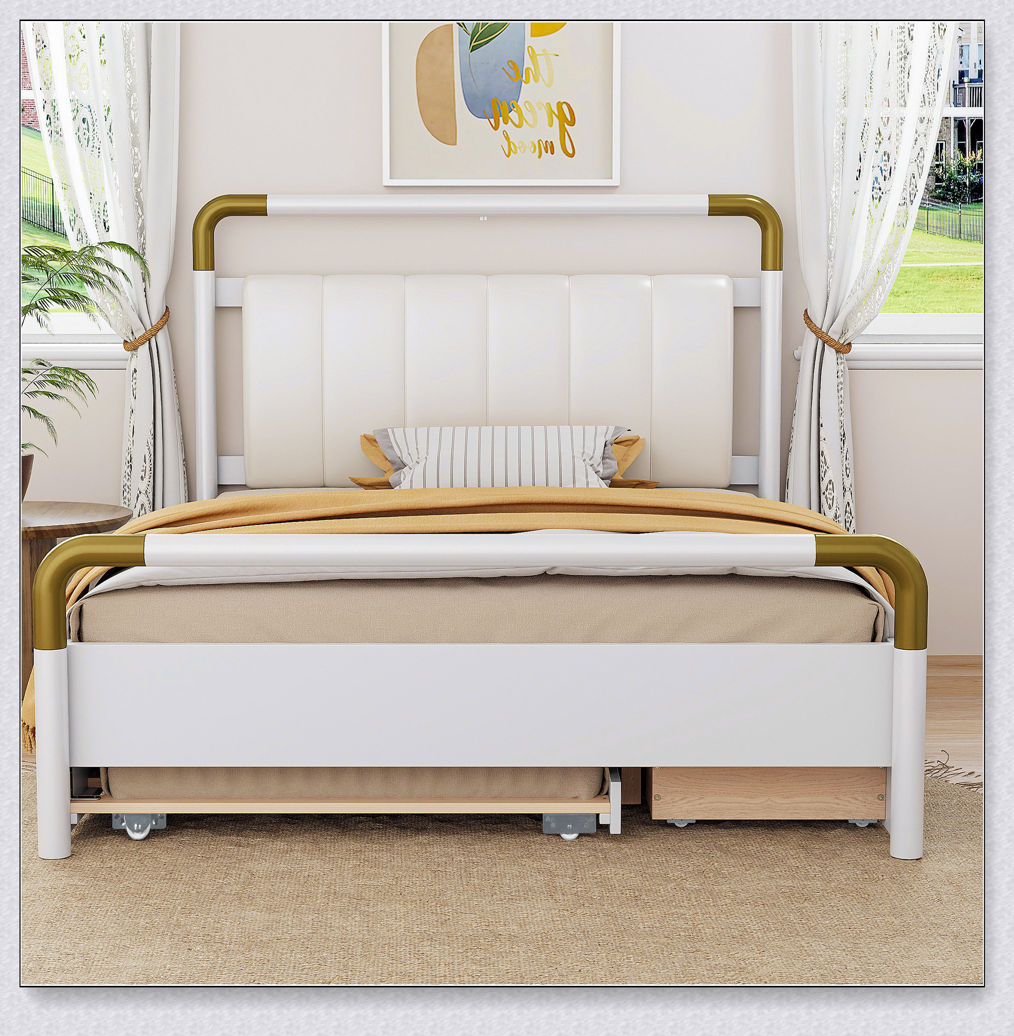 Latitude Run® Queen Size Wooden Storage Platform Bed, With 2 Big Drawers, T-XL Size Trundle ...