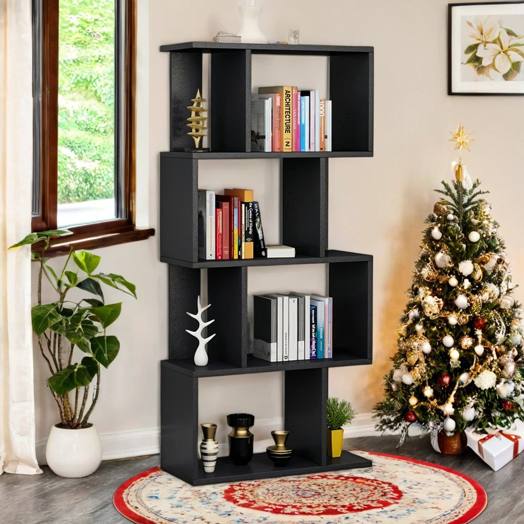 Ebern Designs S-Shaped 4-Tier Bookcase, Multifunctional Wooden Display ...